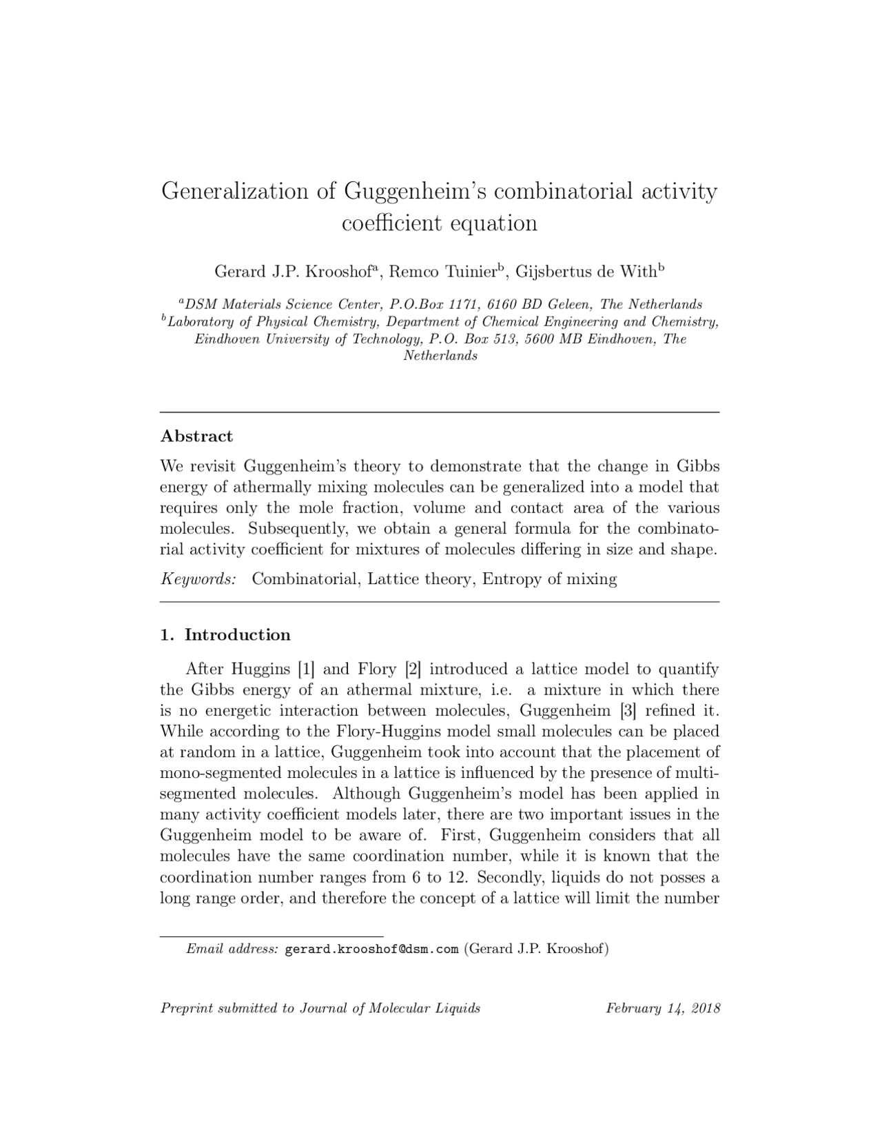 Generalization of Guggenheim’s combinatorial activity coefficient ...