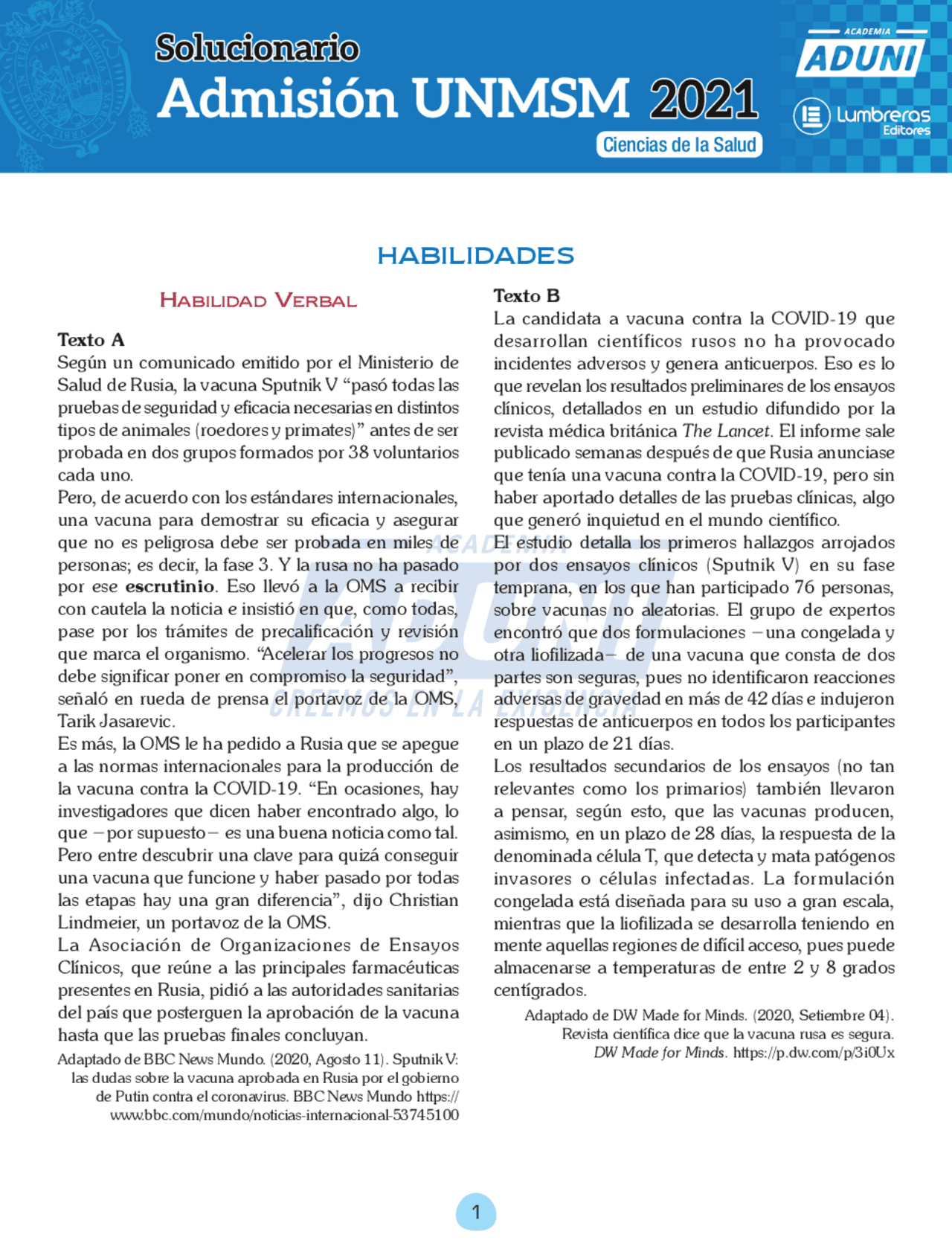 Solucionario Del Examen De Admisión De La Unmsm 2021 Área A Docsity