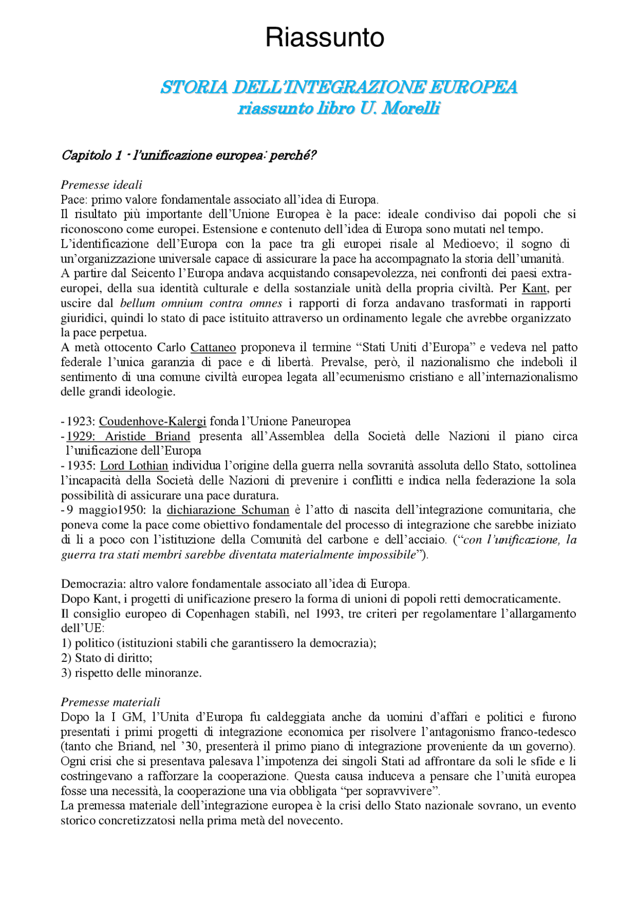 Riassunto Storia Dellintegrazione Europea Unito” Docsity