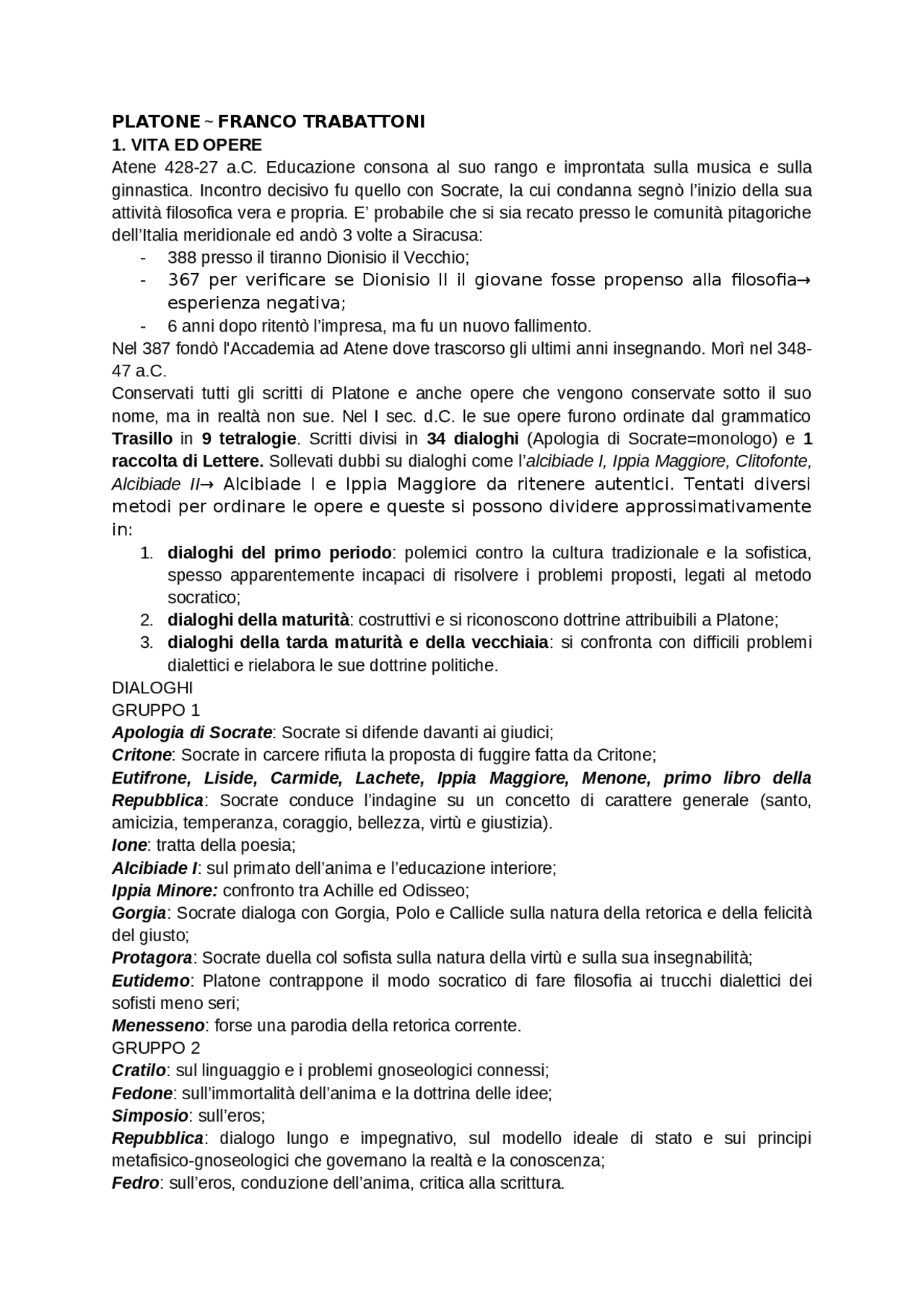 Platone di Trabattoni - riassunto - Docsity