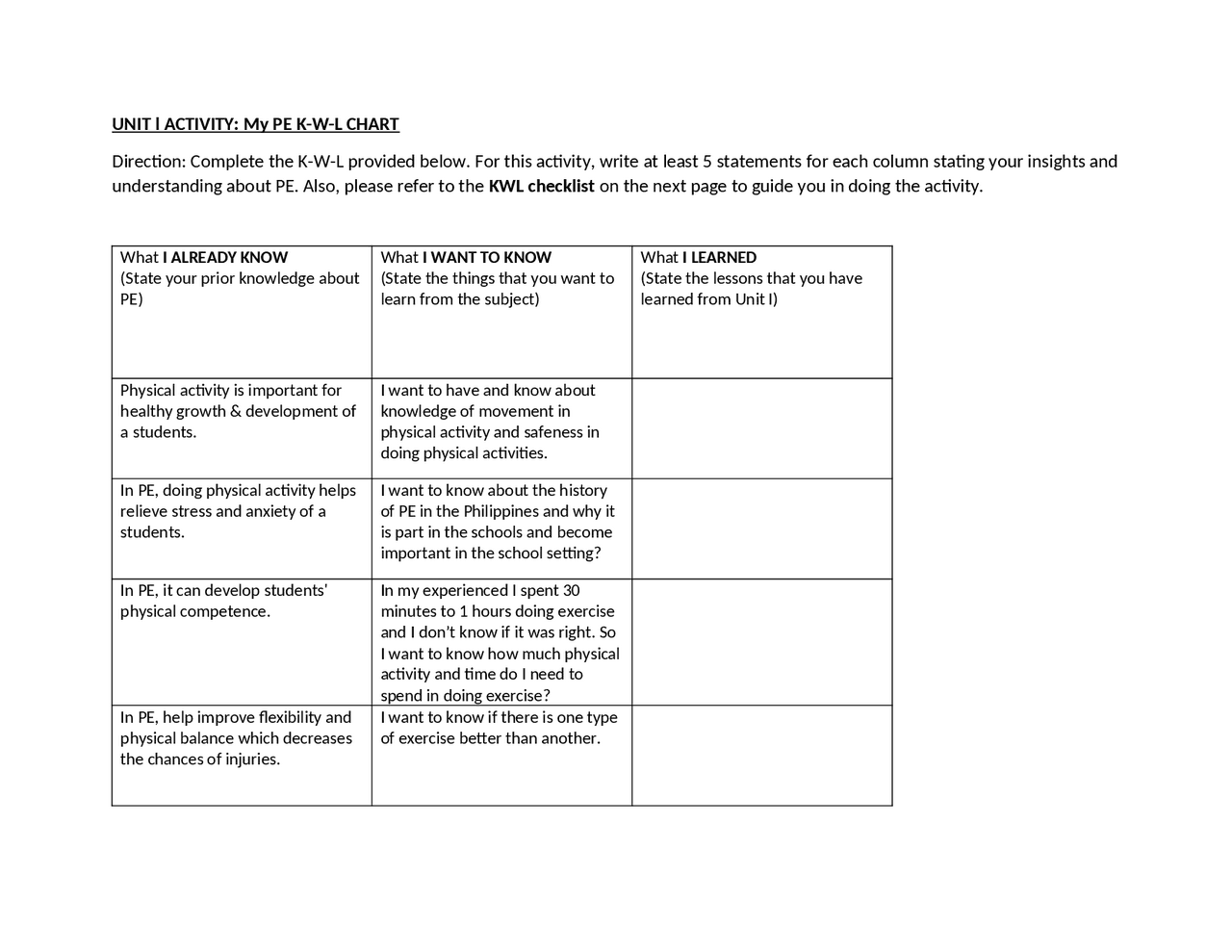 Physical Education Assignment Docsity
