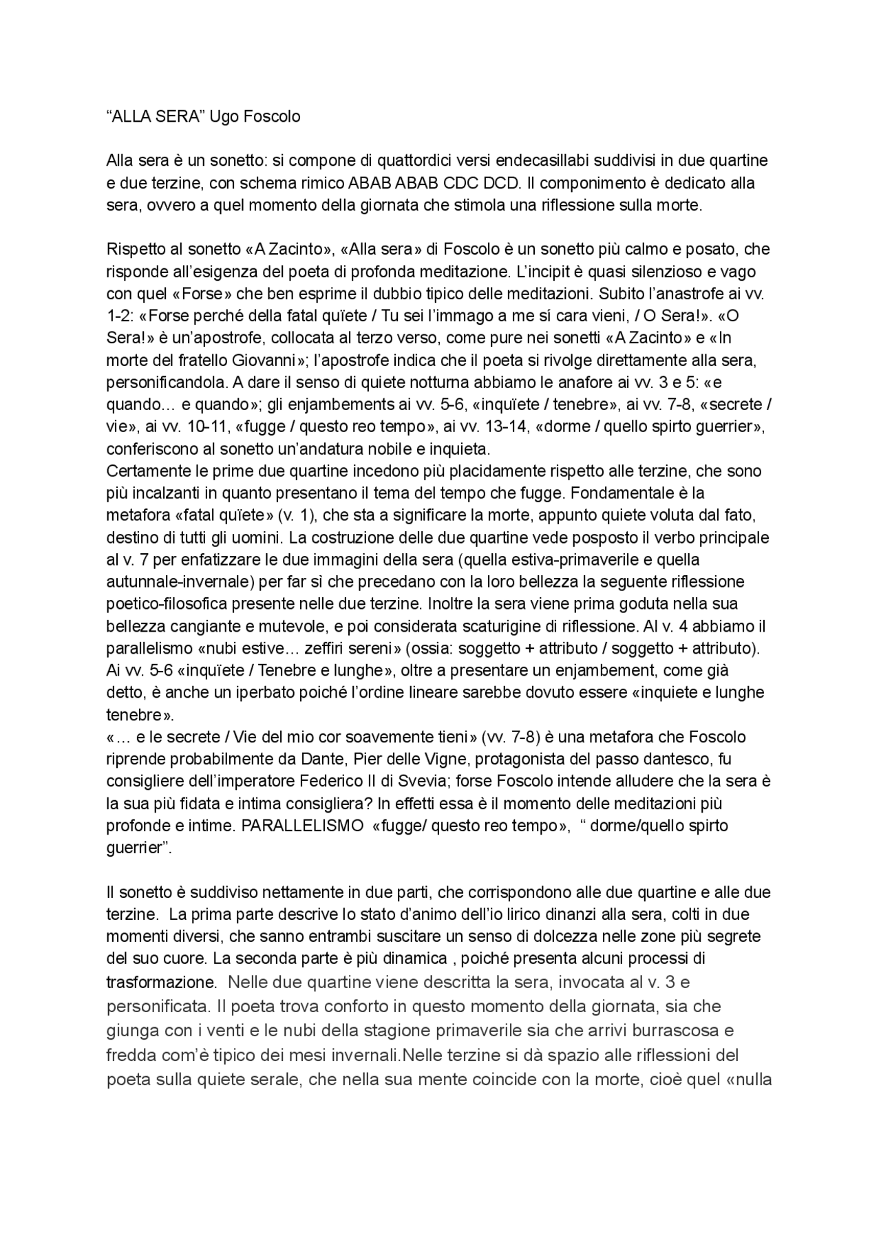 Alla Sera Di Ugo Foscolo Docsity