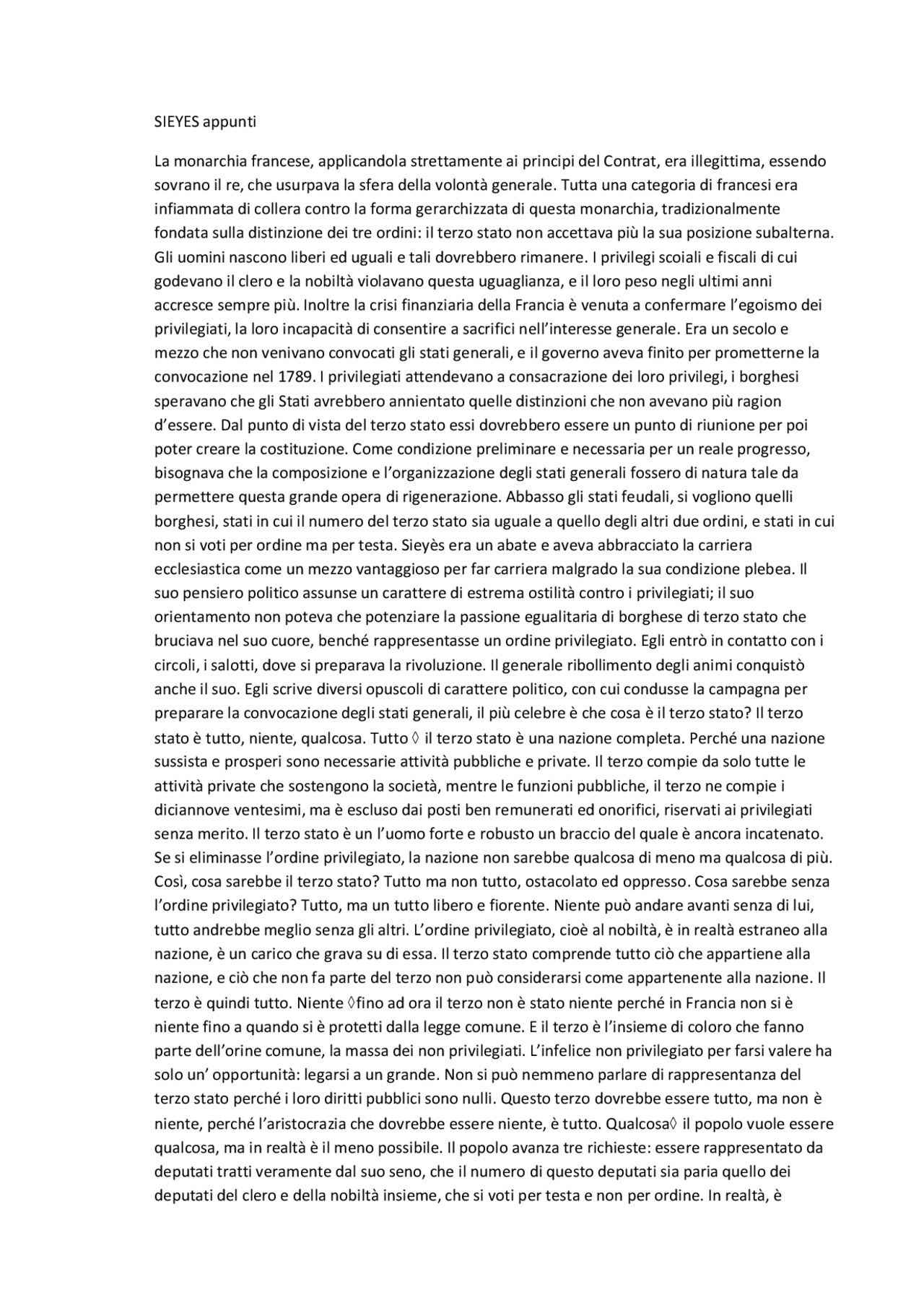Appunti Riassunto Sièyes Docsity
