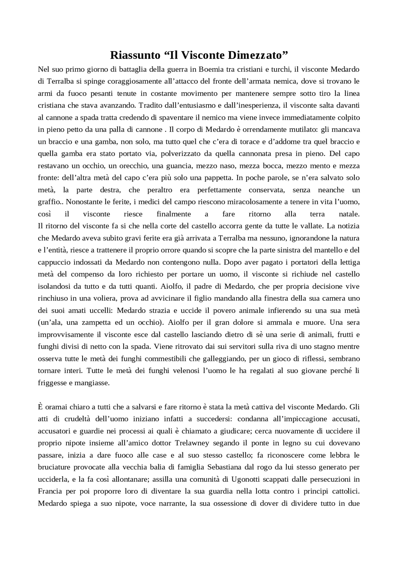 Analisi E Riassunto Il Visconte Dimezzato Schemi E Mappe Concettuali