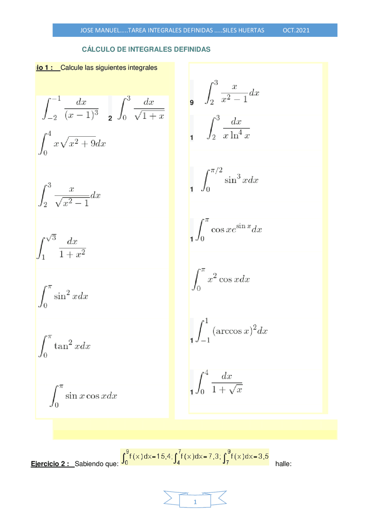 Calculo de integrales definidas - Docsity