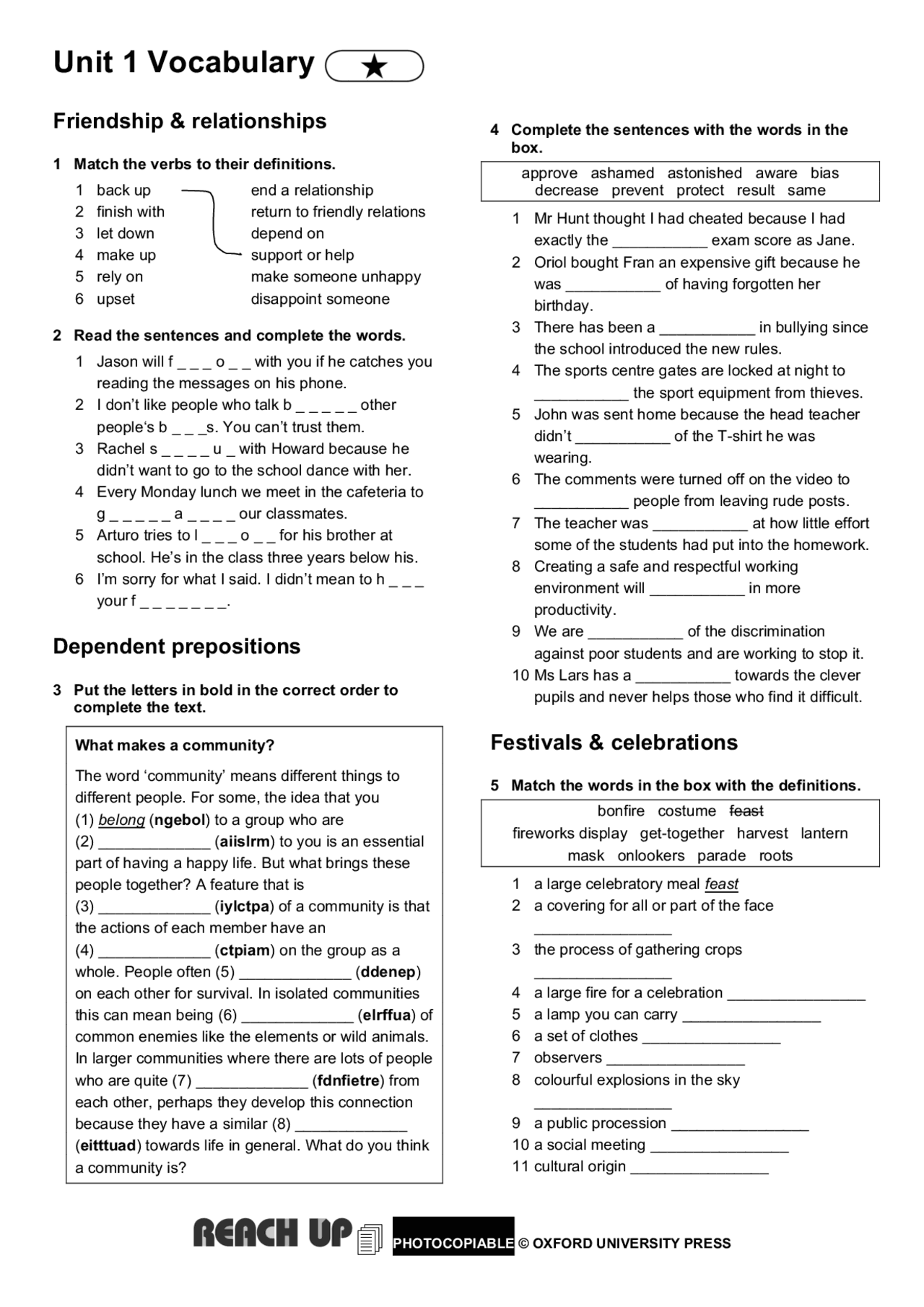 Ejercicios sobre vocabulario de la unidad 1 reach up 2 - Docsity