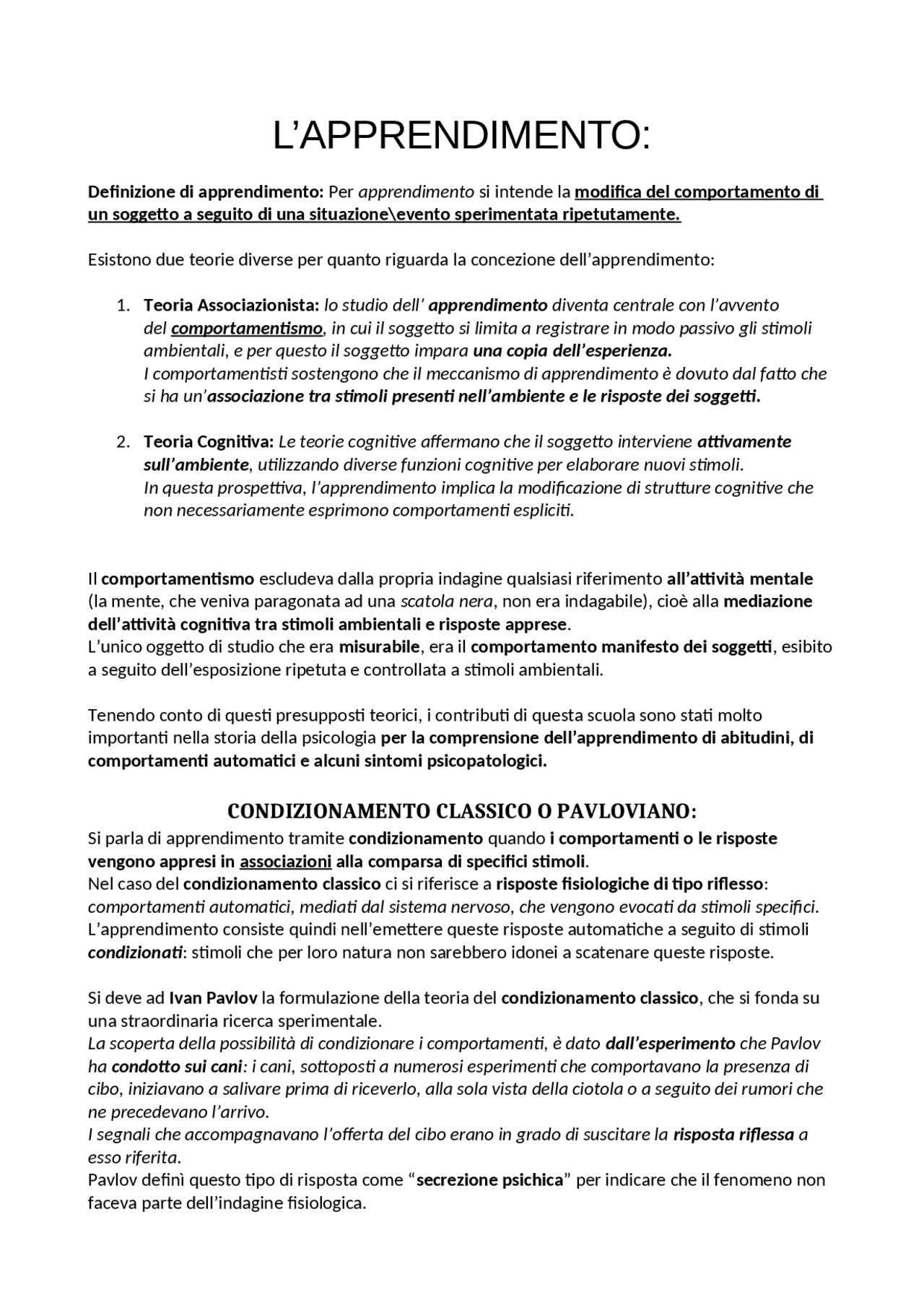 Riassunto Lapprendimento Docsity