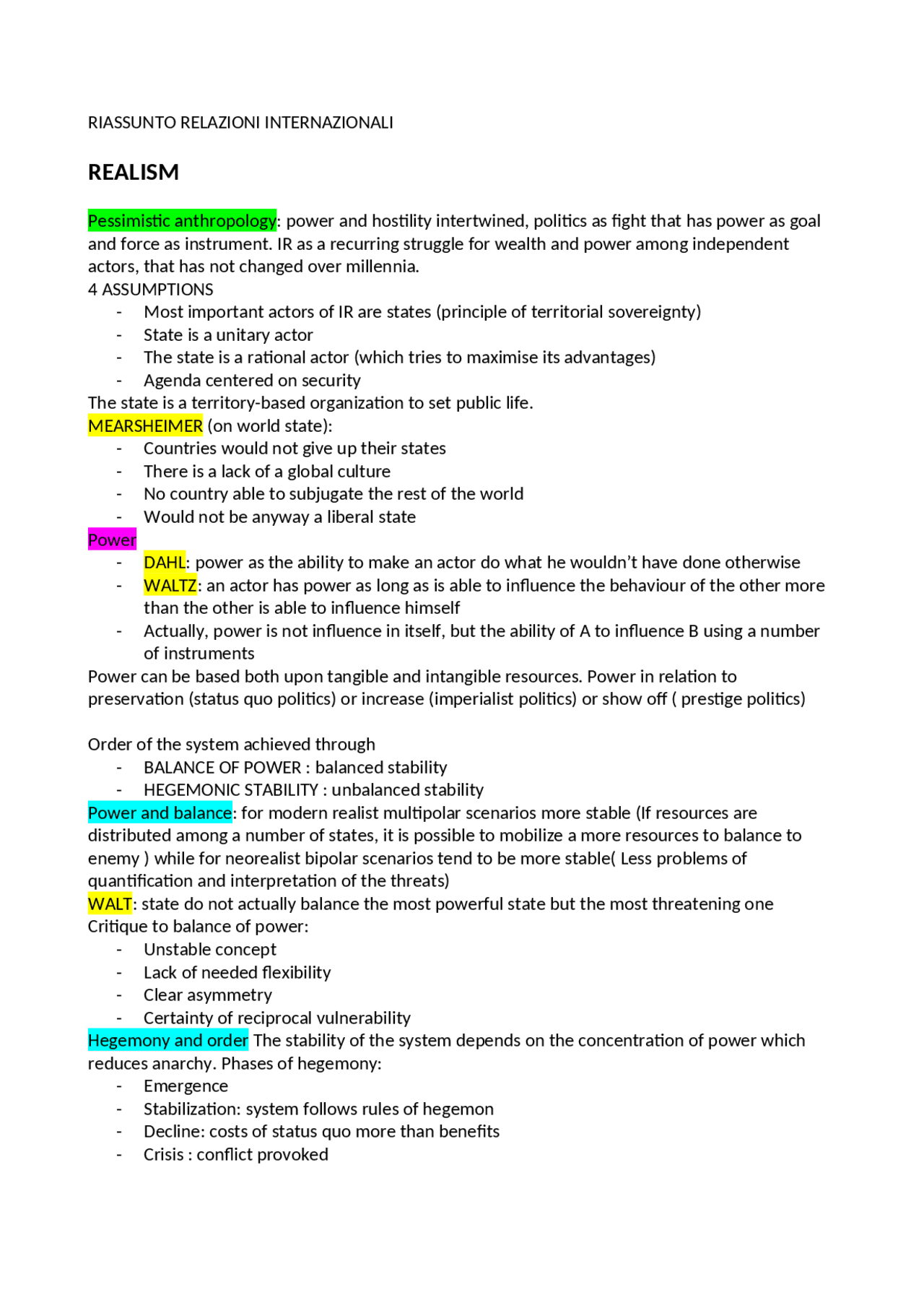 Notes International Relations Docsity