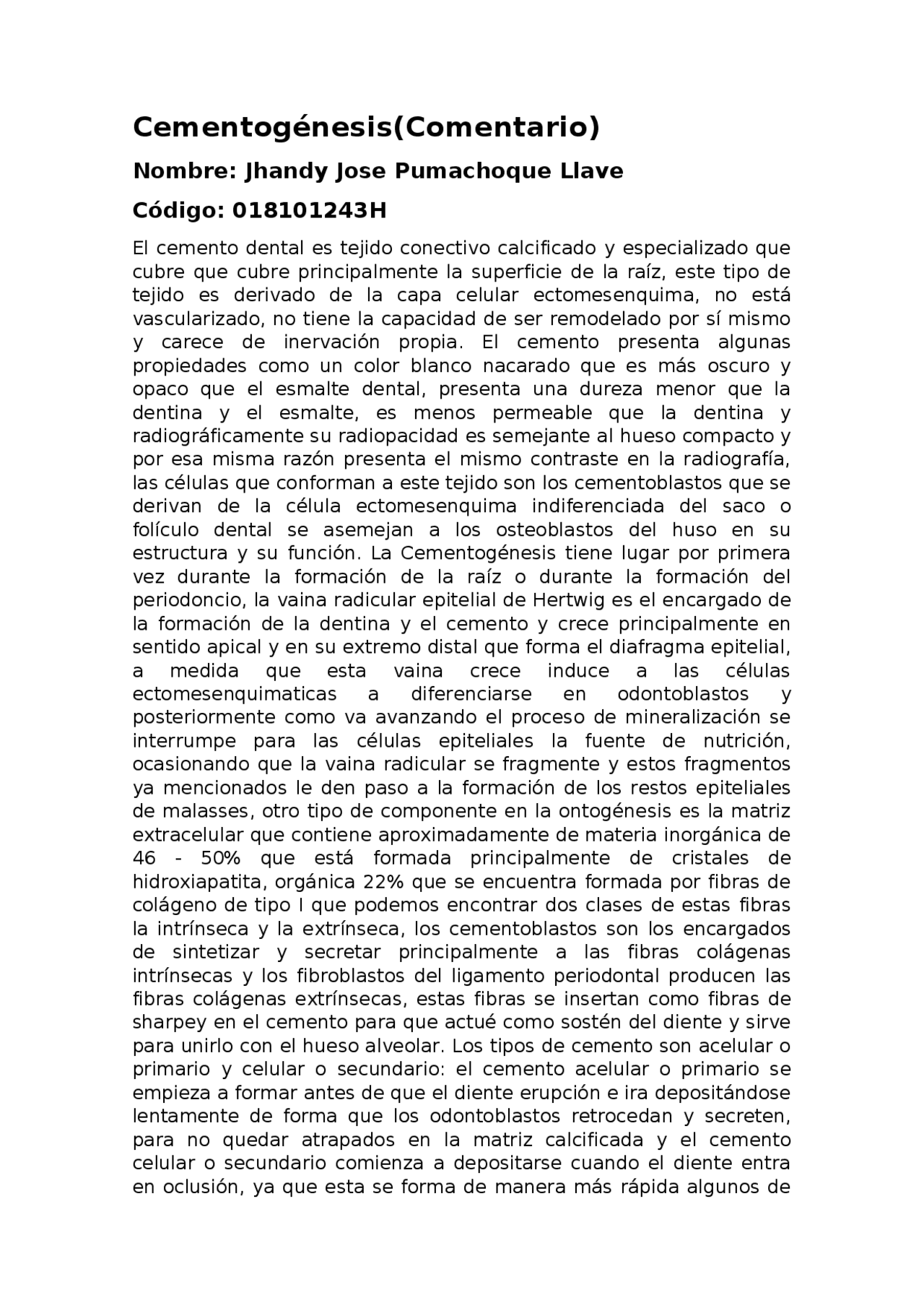 Cementogenesis pequeño resumen | Resúmenes de Medicina Oral - Docsity