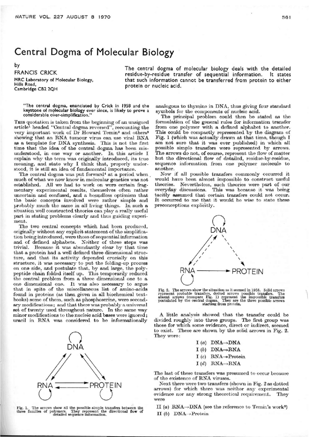 Crick's Central Dogma of Molecular Biology - Docsity