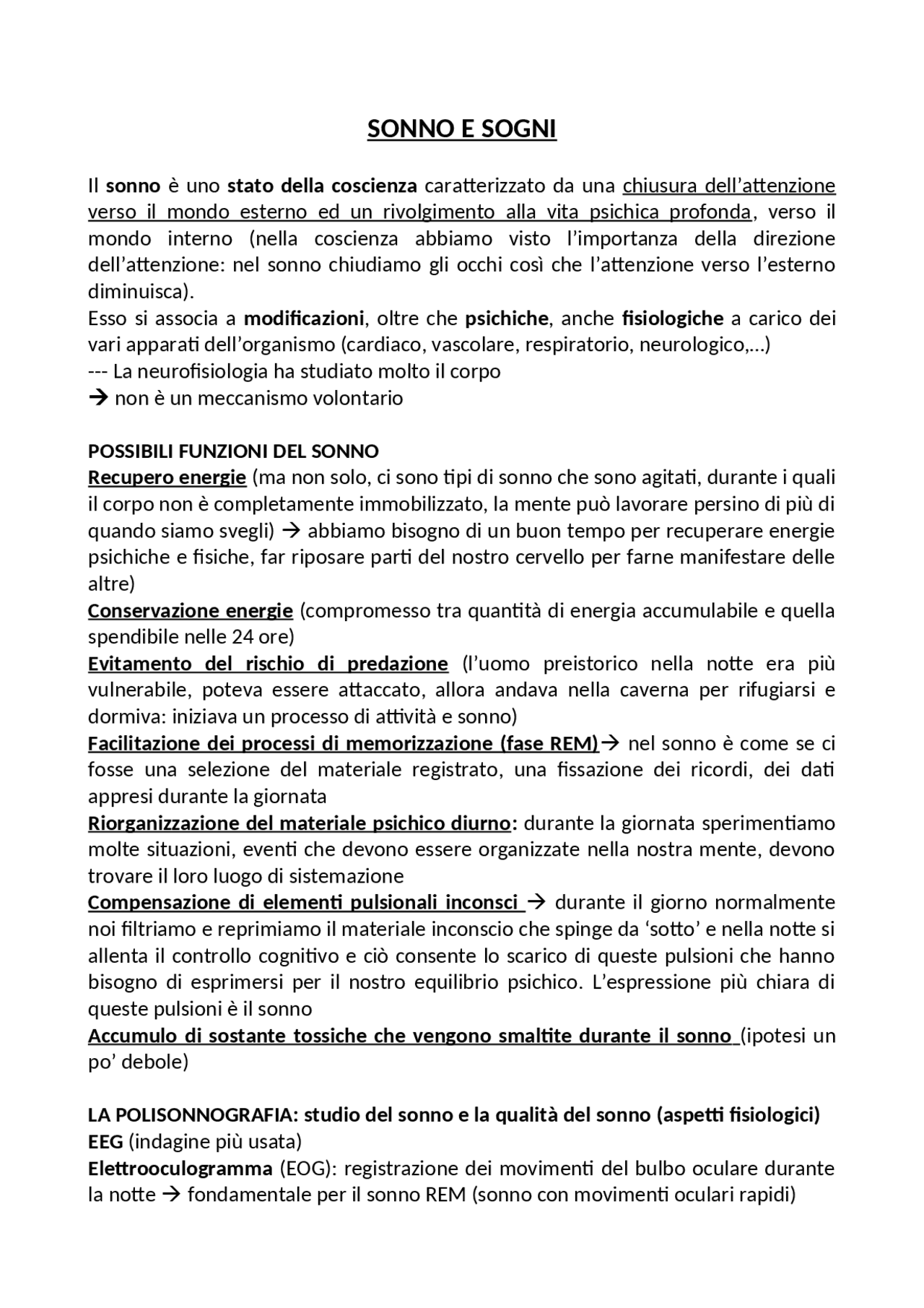 Appunti Su Sonno E Sogni Docsity