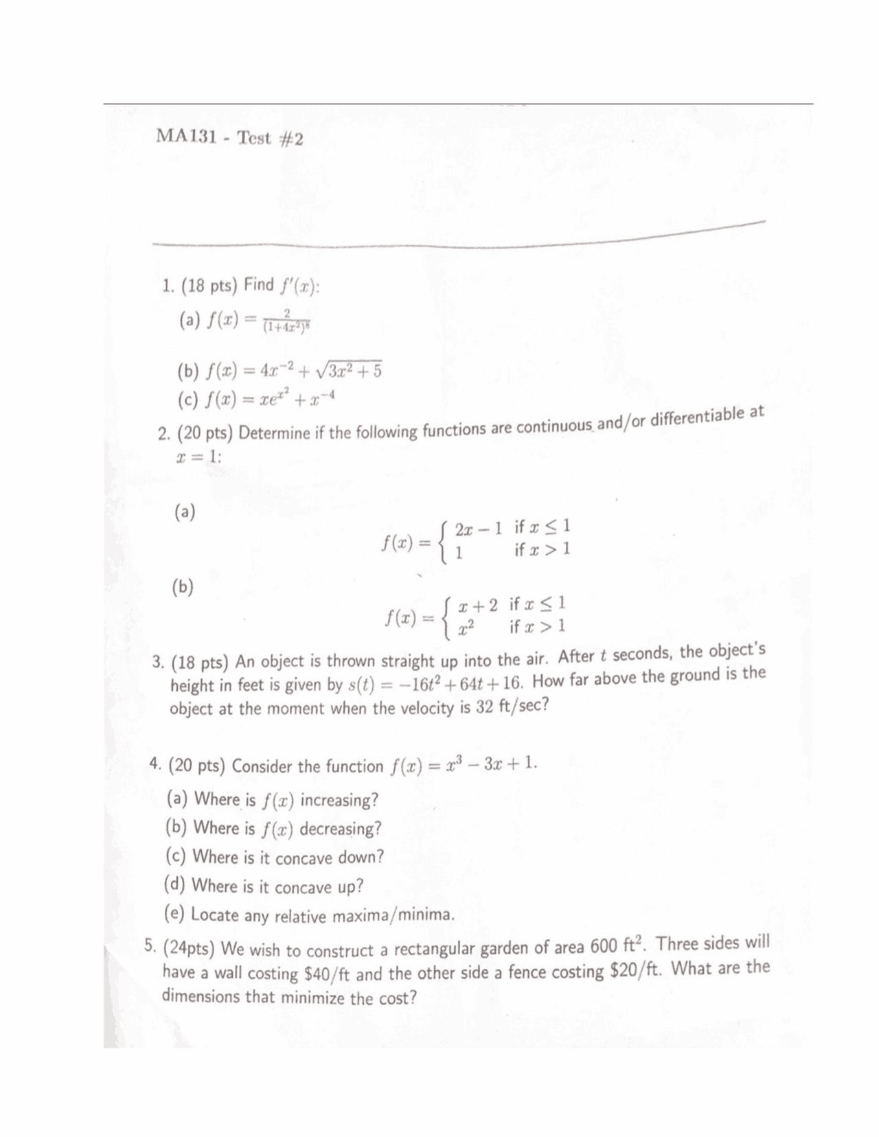 MA131- test 2 ncsu Rodriguez | Exams Mathematics | Docsity