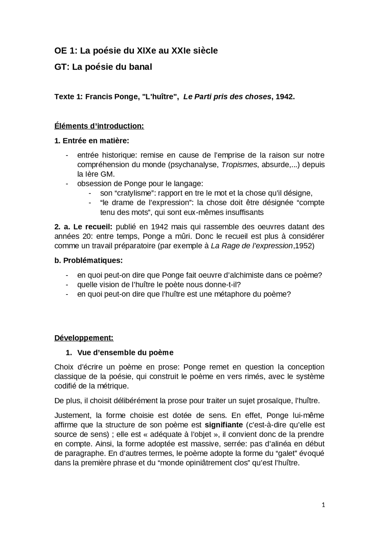 Analyses linéaires sur la poésie - Docsity