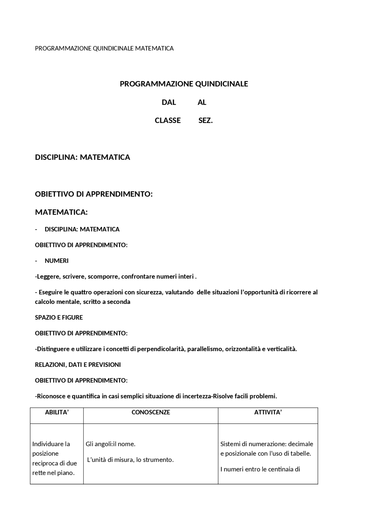 PROGRAMMAZIONE QUINDICINALE - Docsity