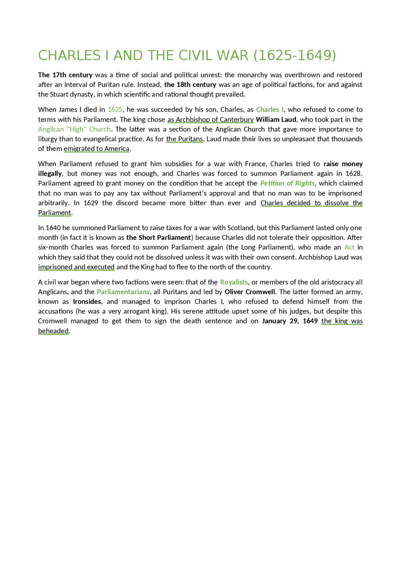 CHARLES I AND THE CIVIL WAR - Docsity