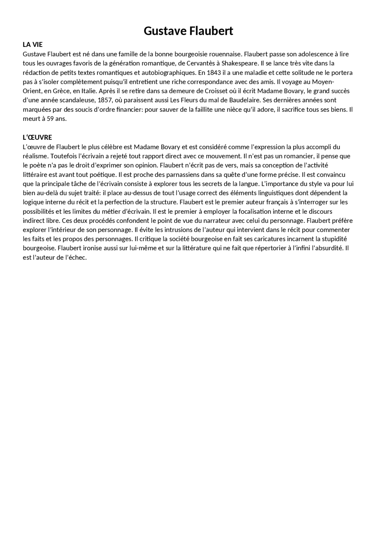 Riassunto Gustave Flaubert E Opere Libro Francese Letteratura Docsity