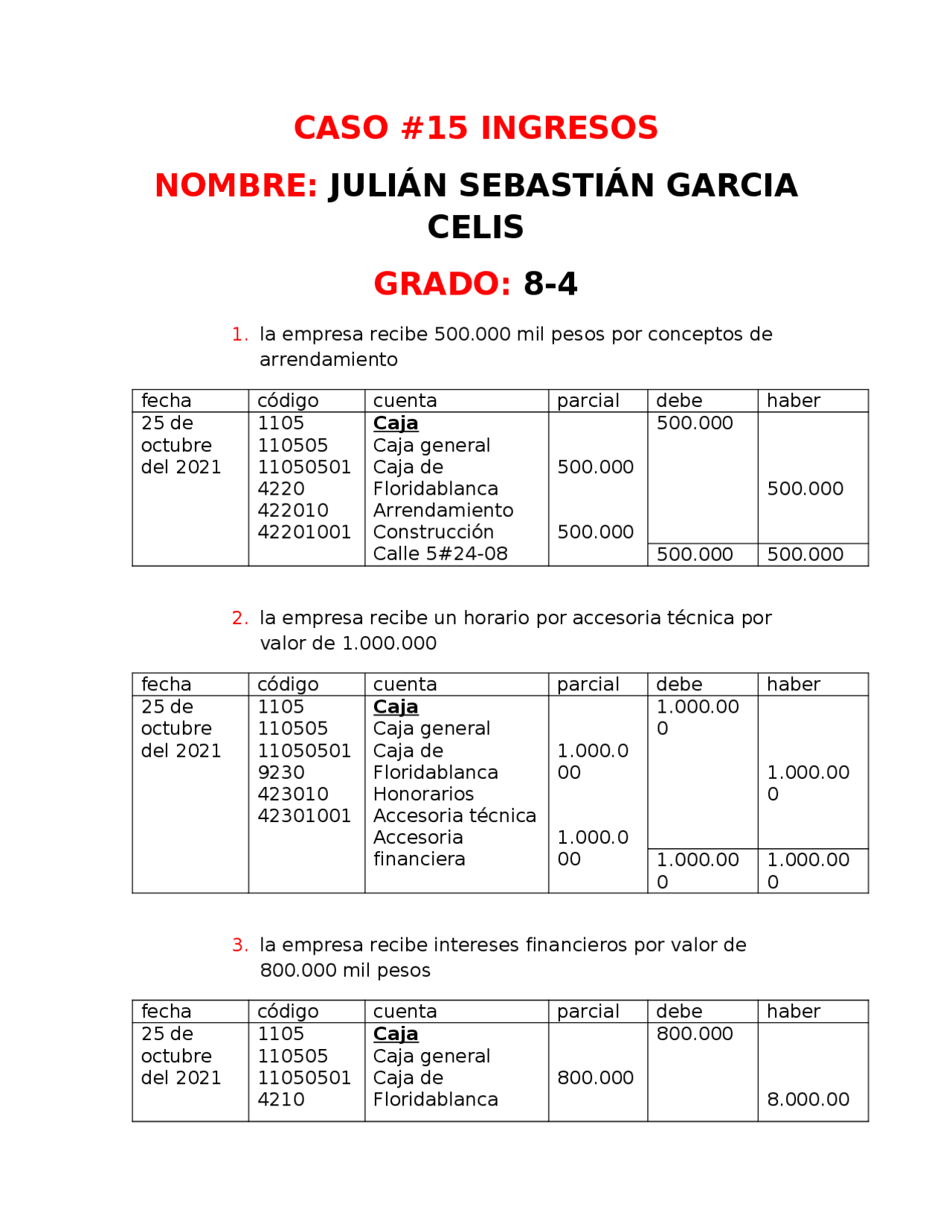 Caso 15 ingresos contabilidad ejercicios - Docsity