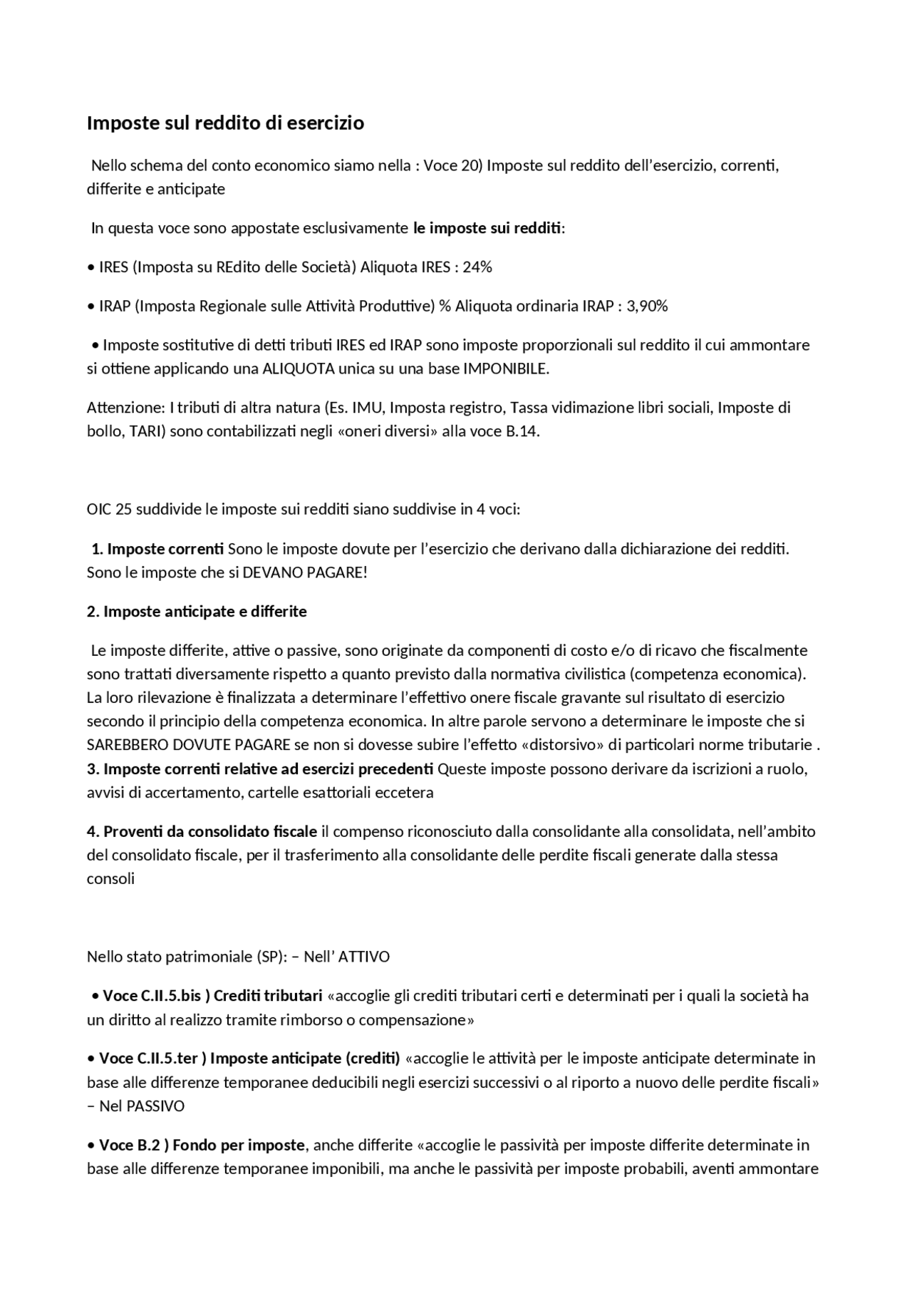 Imposte Sul Reddito Di Esercizio Docsity