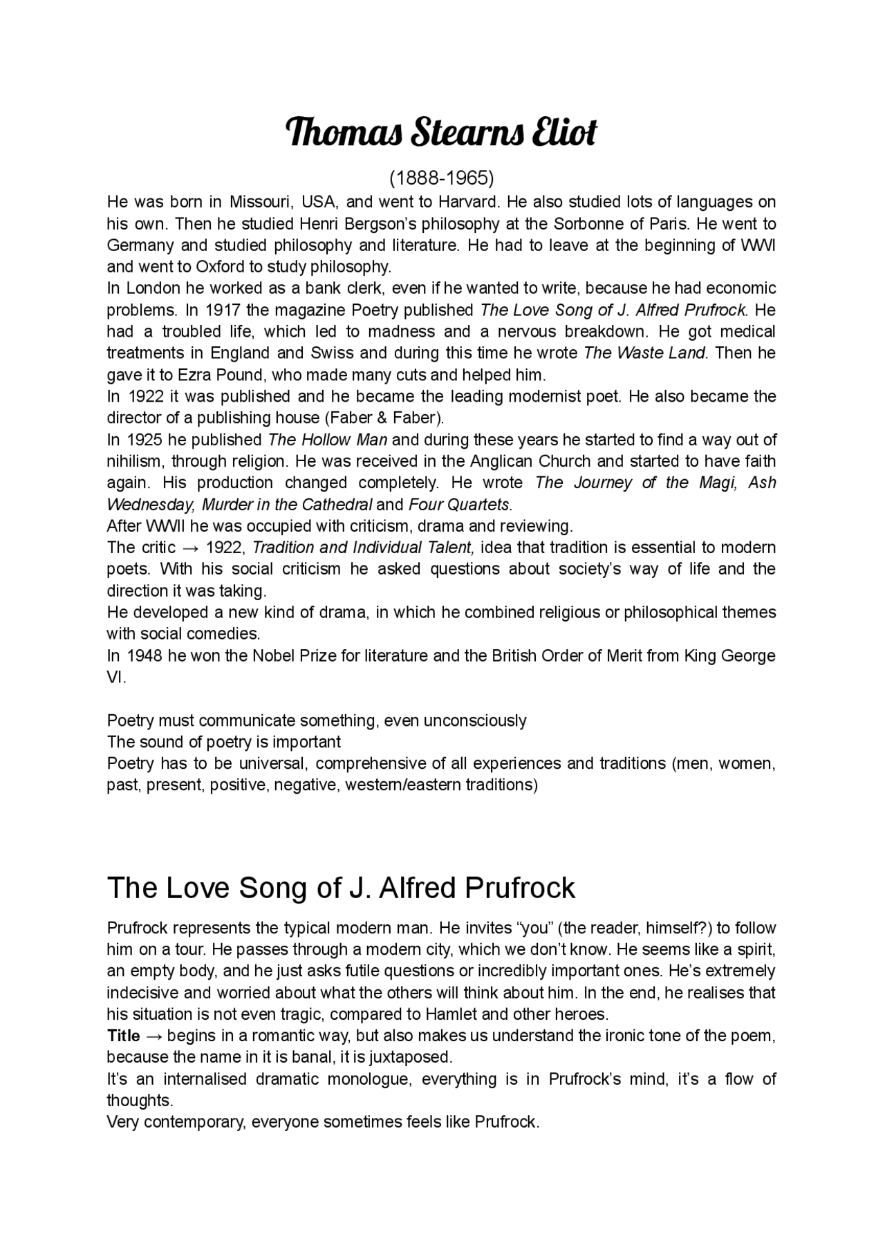 Thomas Stearns Eliot Life And Main Works Appunti Di Inglese Docsity