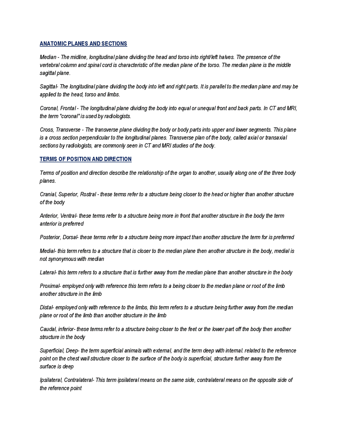 Anatomic Plane Section Position and Direction - Docsity