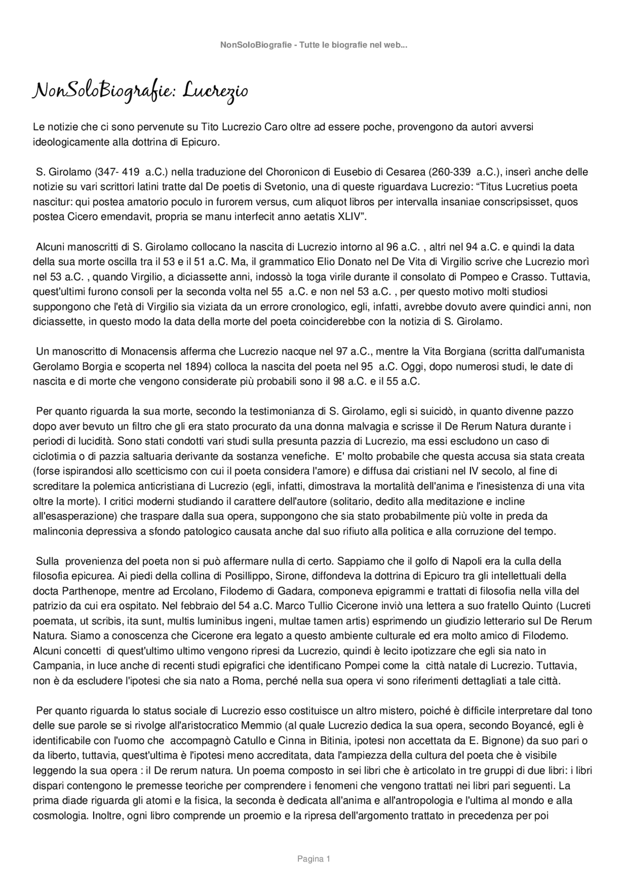 La Vita Di Lucrezio Latino Docsity
