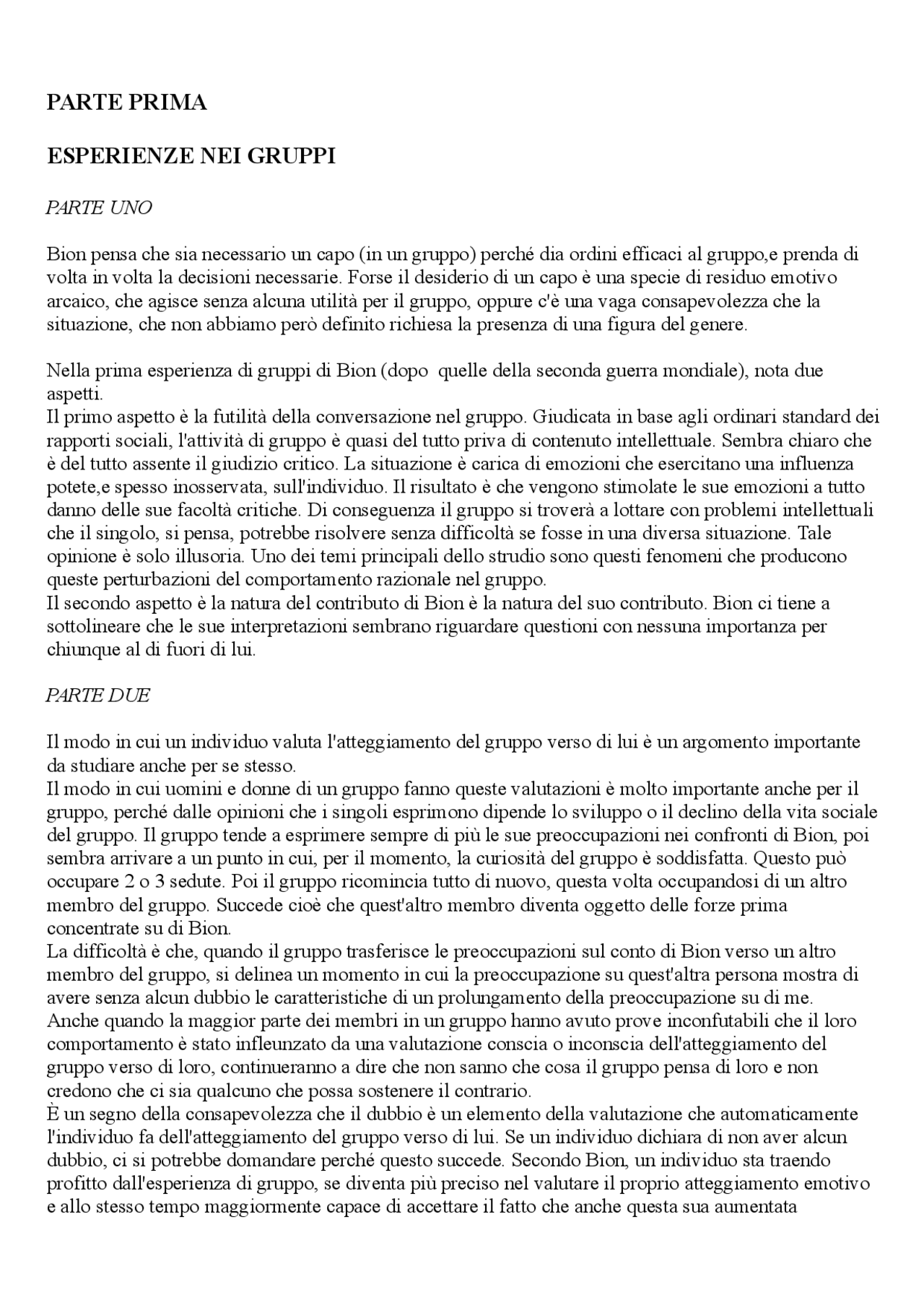Riassunto Esperienze Nei Gruppi Di Bion Docsity
