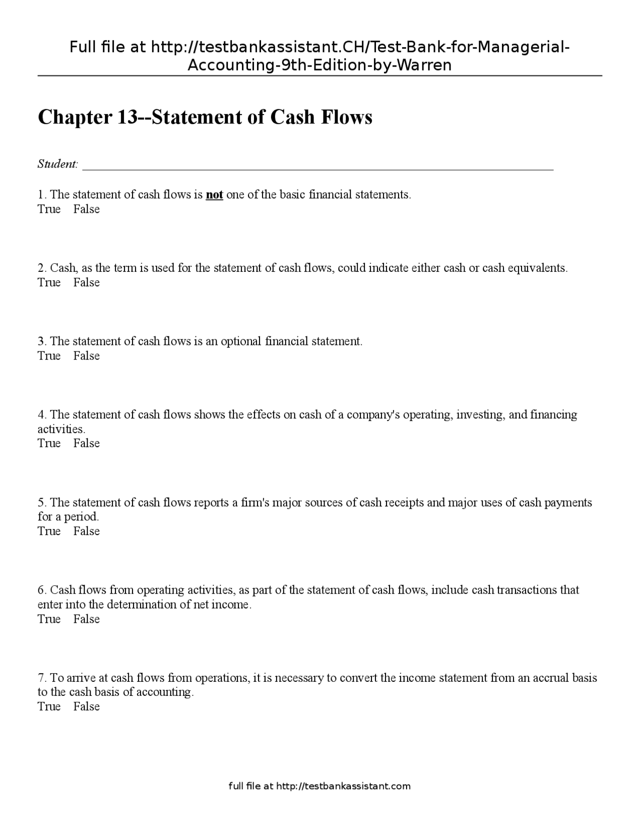 Statement of Cash Flows, Ch13 Test Bank | Exercises Management ...