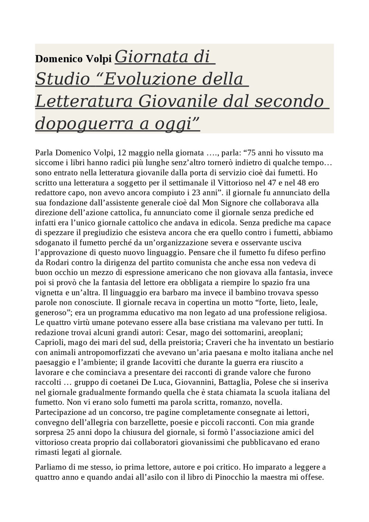 Appunti Intervista Domenico Volpi Docsity