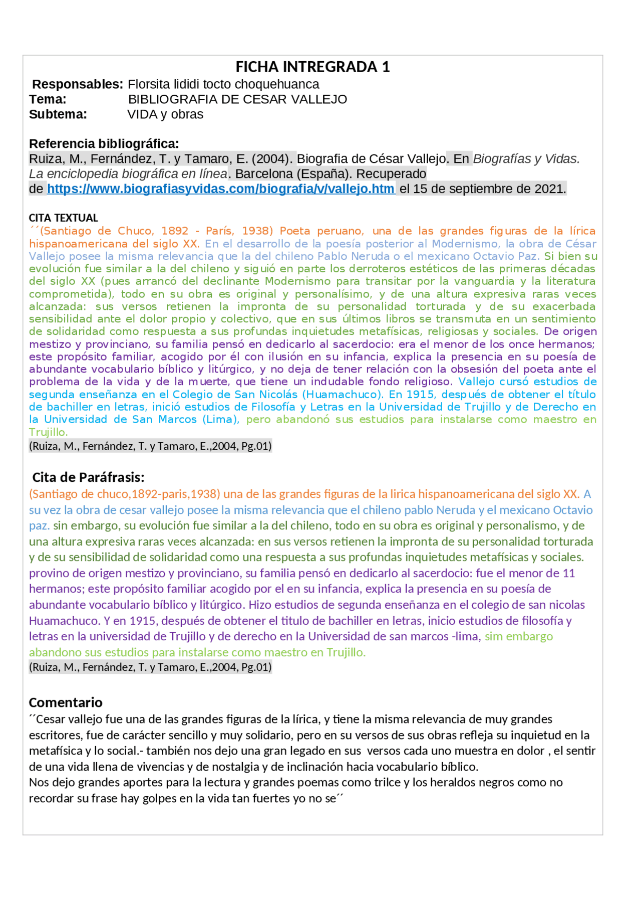 Resumen De Ficha Textual De Cesar Vallejo Y Su Ficha De Resumen