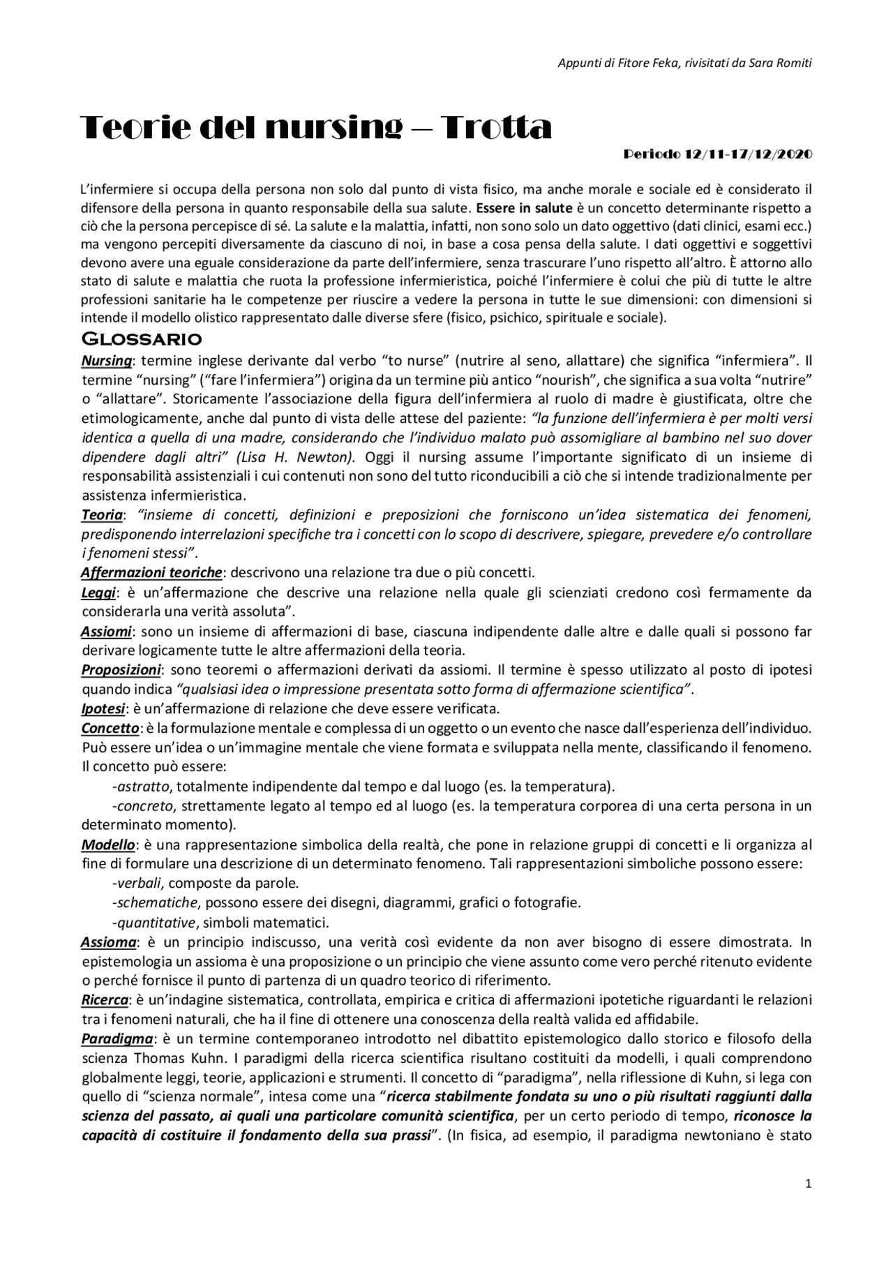 Teorie Del Nursing 1° Anno Cdl Infermieristica Docsity