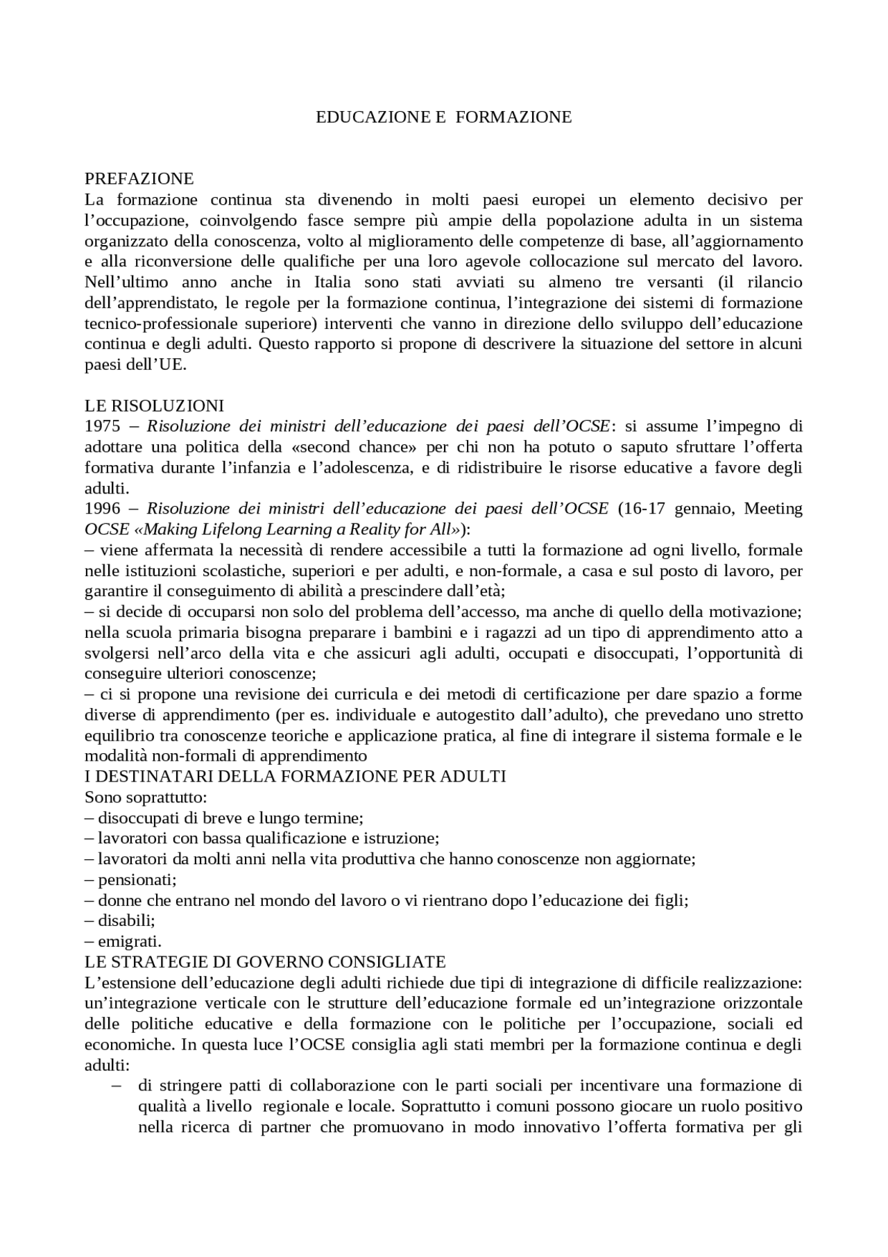 Educazione E Formazione Riassunto Docsity
