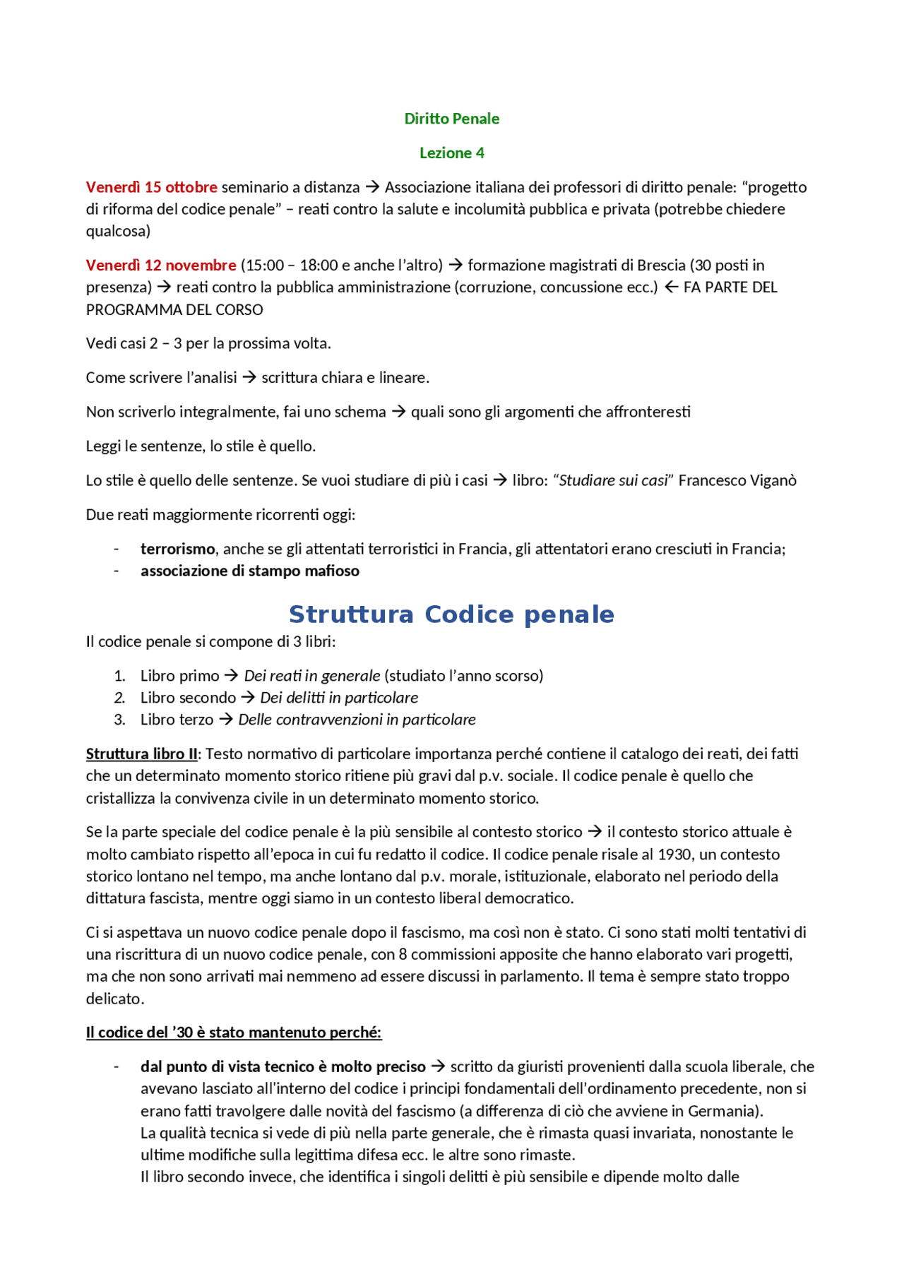 Struttura codice penale | Appunti di Diritto Penale | Docsity