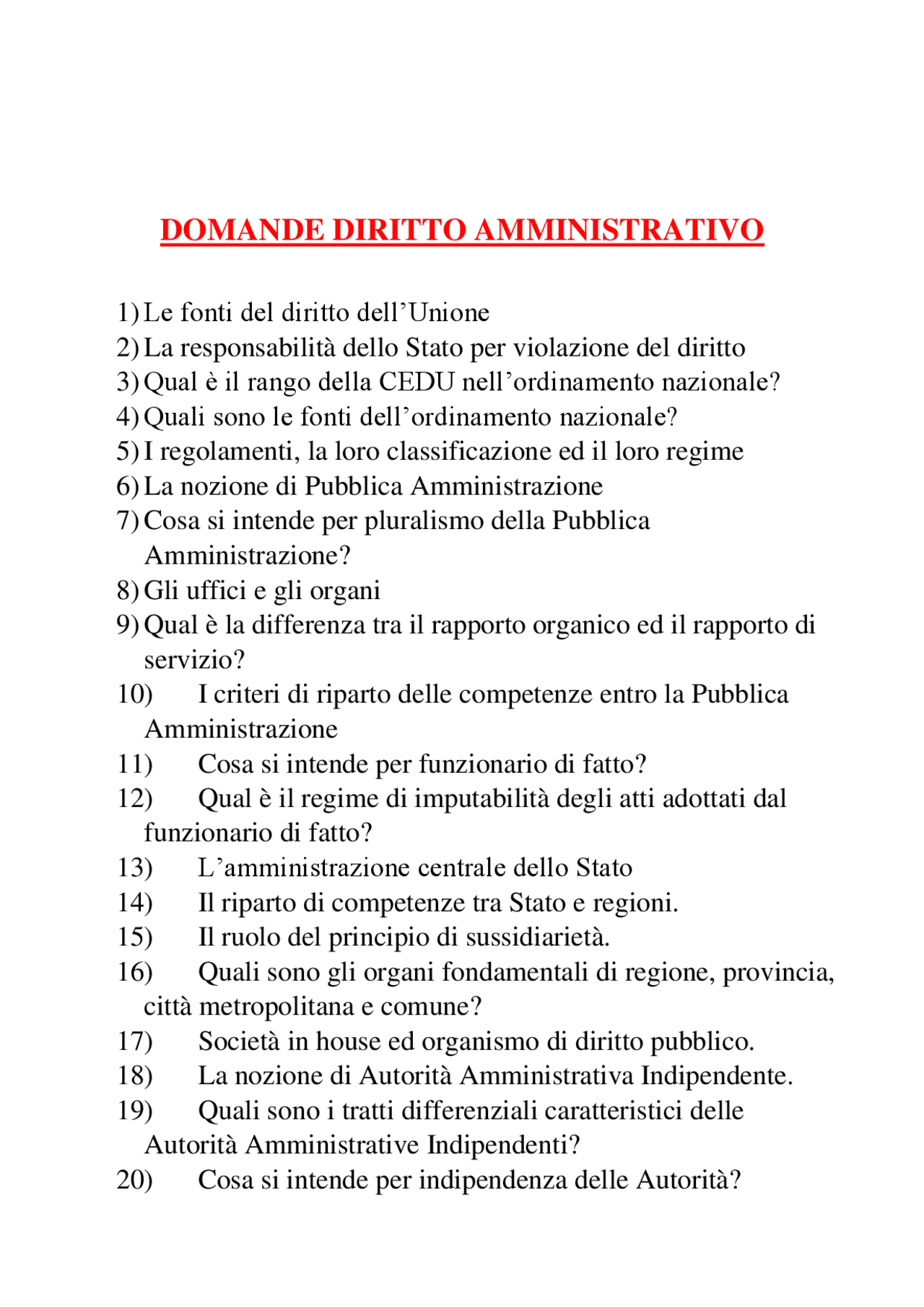Domande Diritto Amministrativo Prove Desame Di Diritto