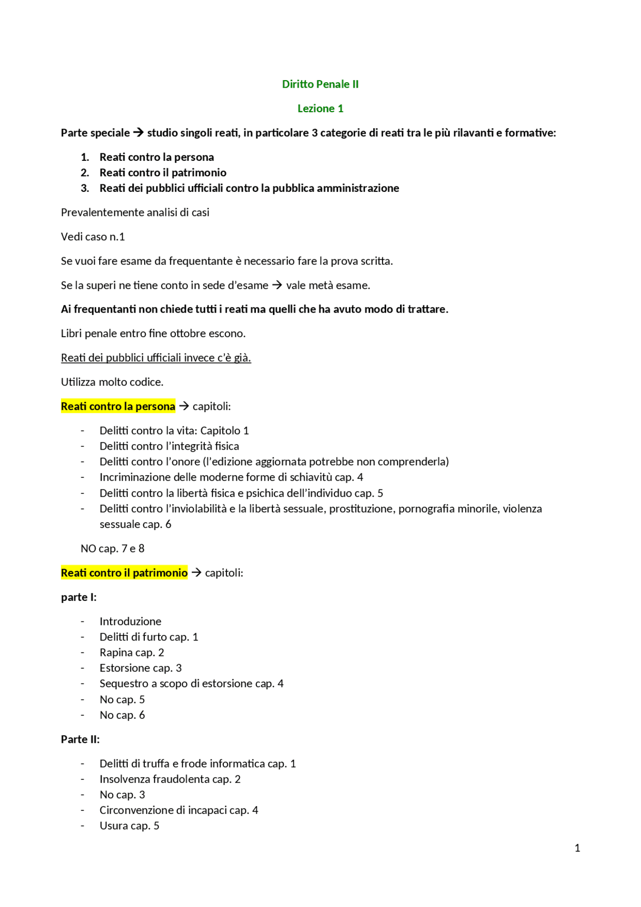 Lezione Introduttiva E Seconda Lezione Di Diritto Penale Ii Docsity