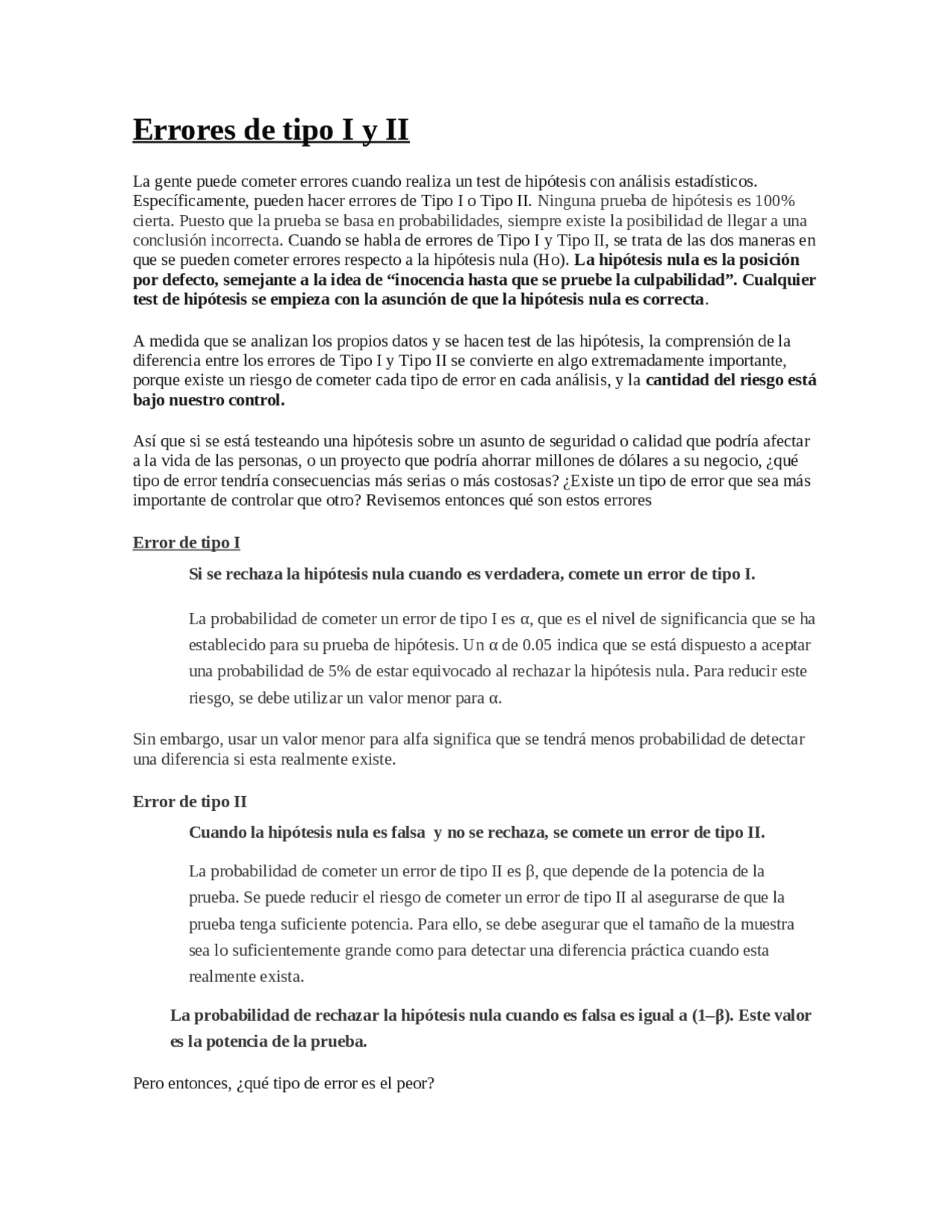 Errores de Tipo I y Tipo II | Apuntes de Matemáticas | Docsity