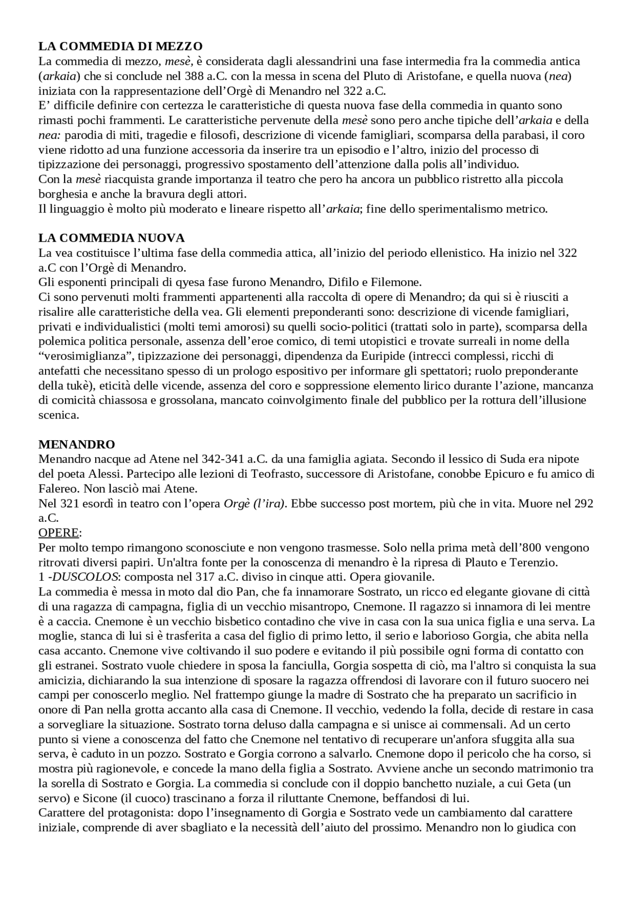 La Commedia Nuova Riassunto Docsity