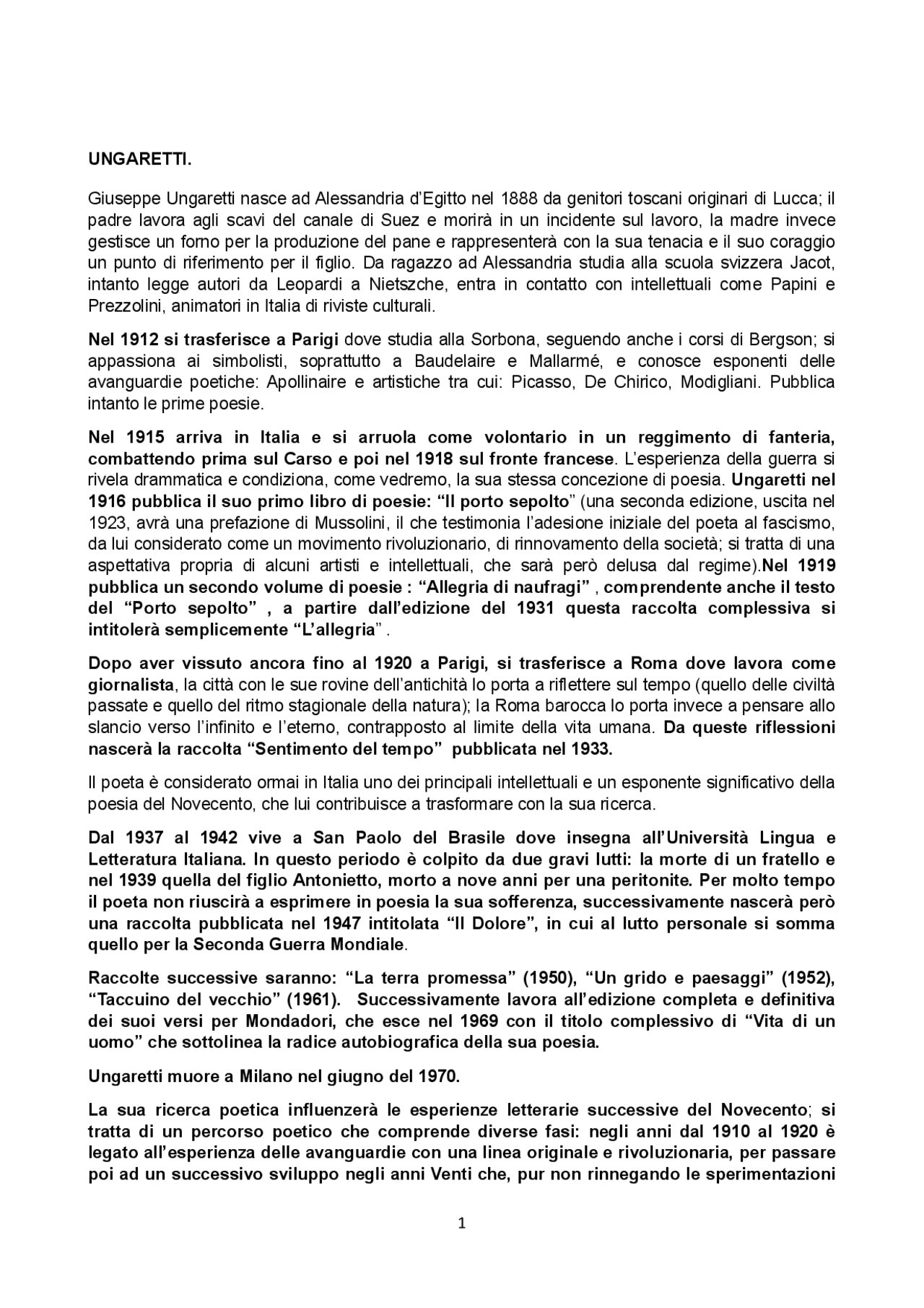 Giuseppe Ungaretti Vita E Opere Docsity