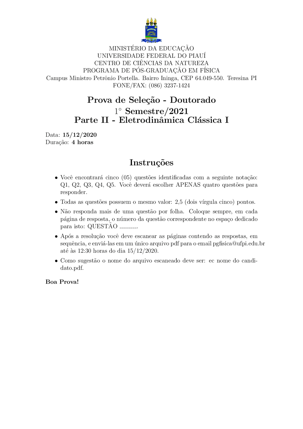 Prova Doutorado Ufpi 20191 Provas Eletrodinâmica Docsity