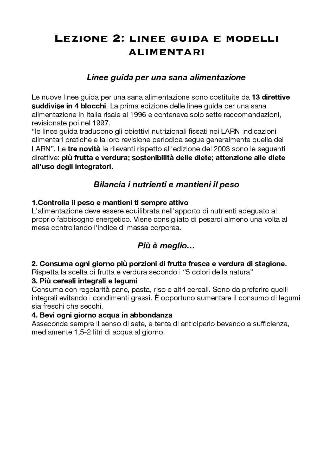 Riassunto linee guida e modelli alimentari - Docsity