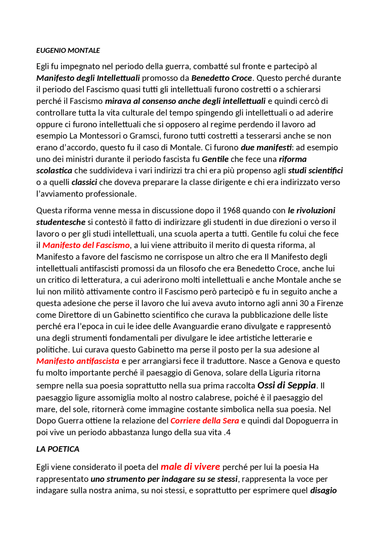 Eugenio Montale - Appunti di Italiano | Summaries Italian - Docsity