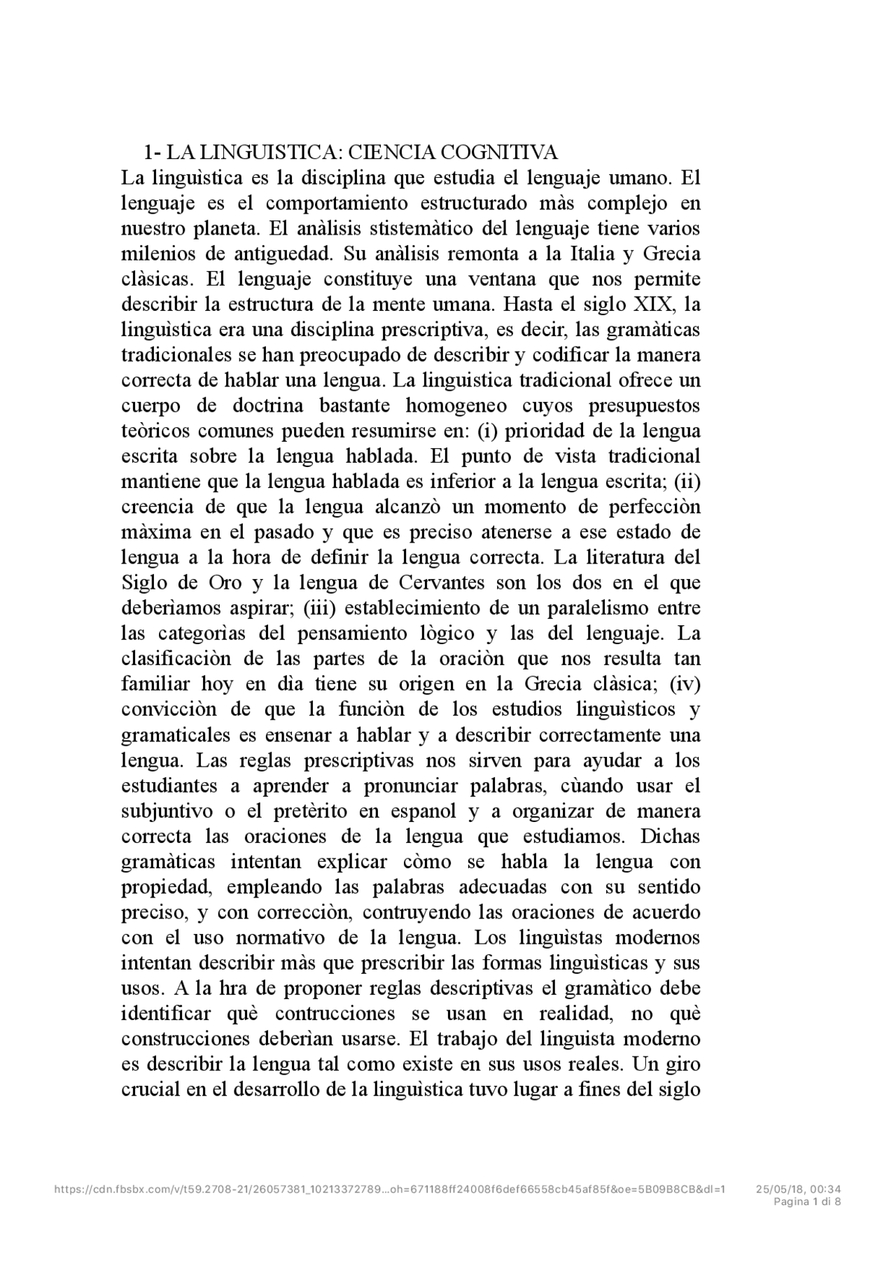 La Linguistica Ciencia Cognitiva Docsity