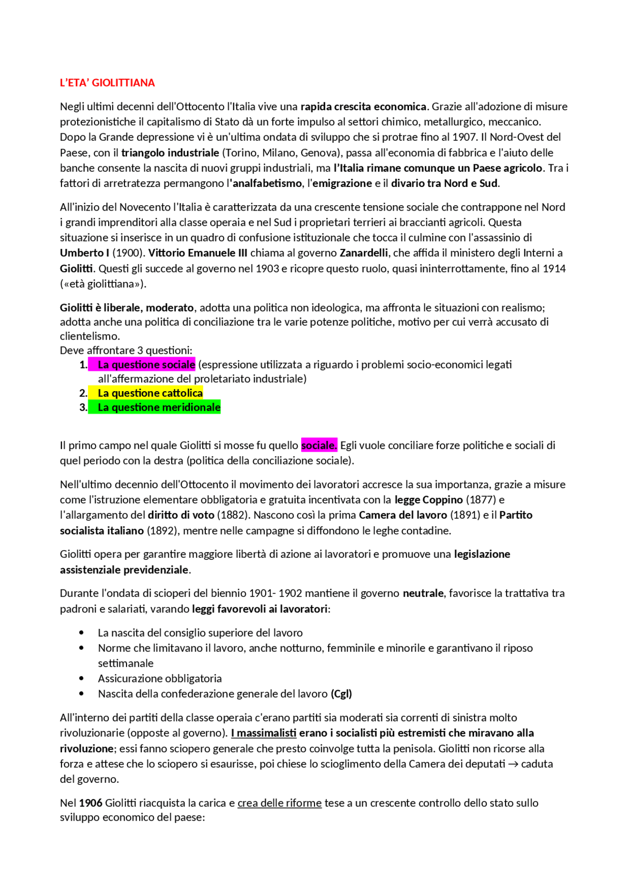 Letà Giolittiana Riassunto Maturità Docsity
