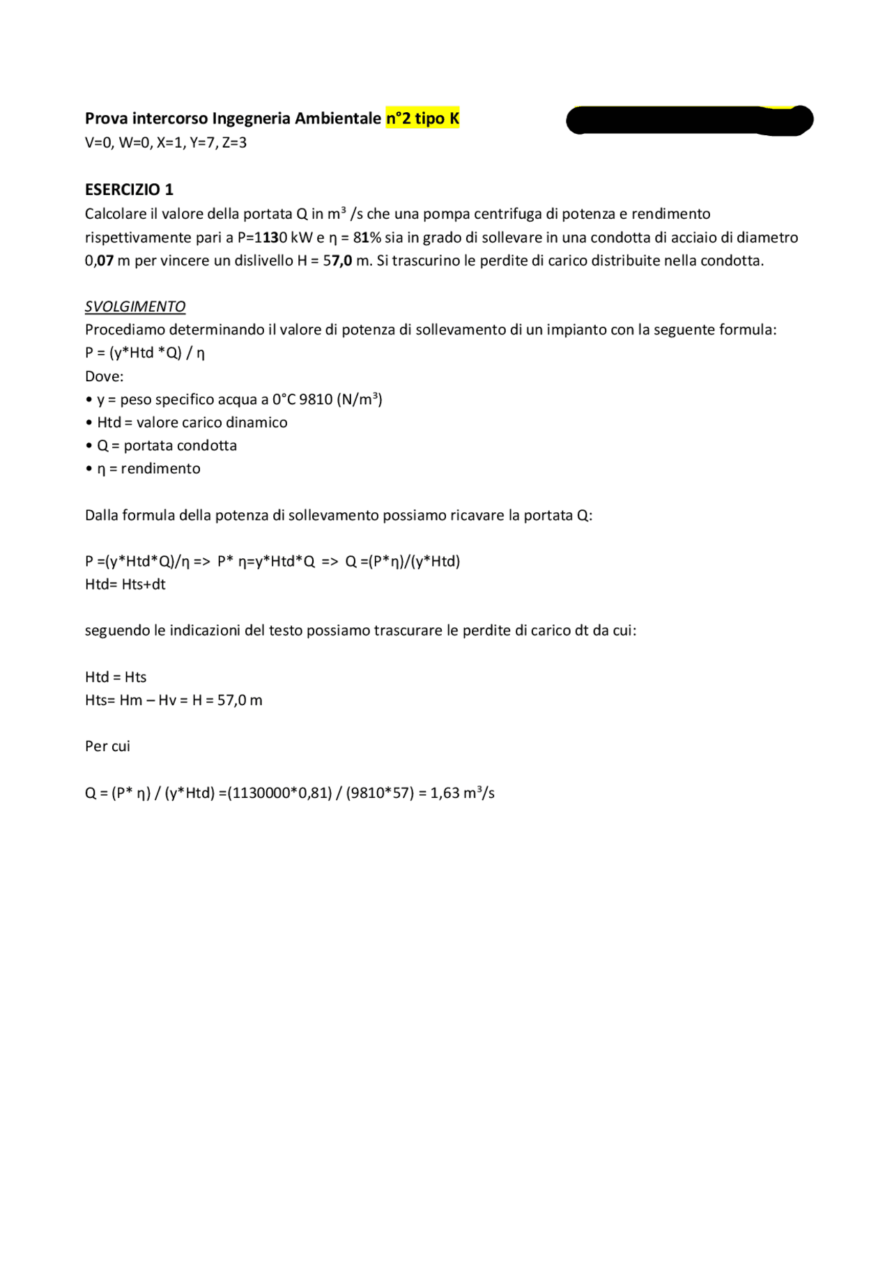 Elaborato N2 Esercizio Tipo K Ingegneria Ambientale Esercizi Di