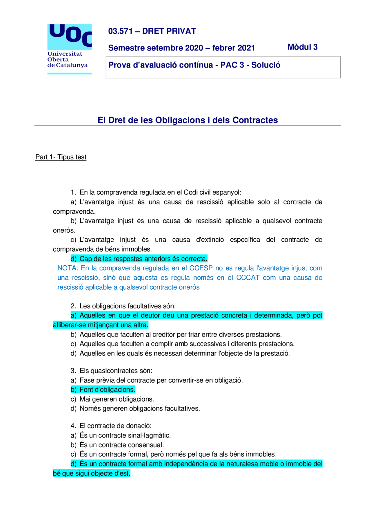 Pac 3 Solucion Dret Privat Uoc Docsity