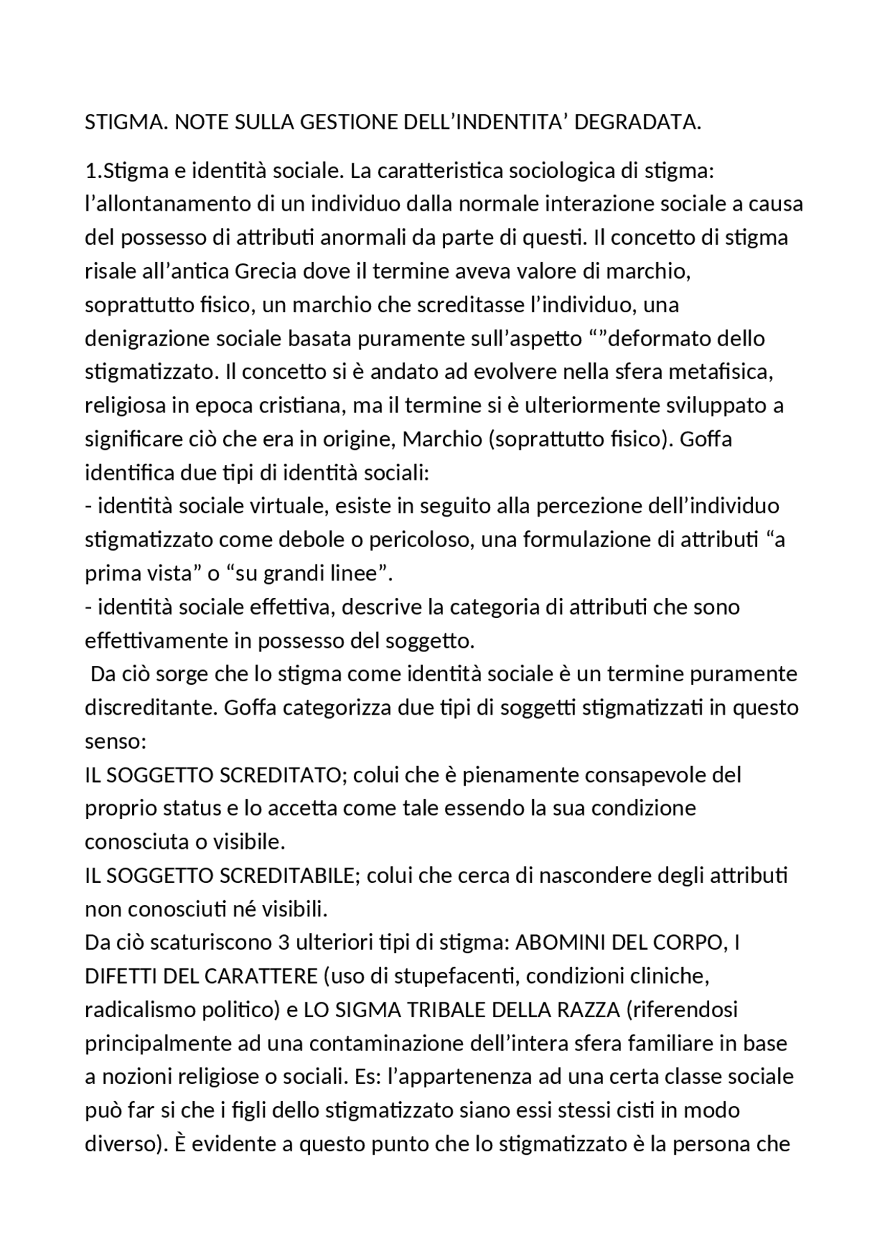 Stigma Lidentità Negata Di Goffman Docsity