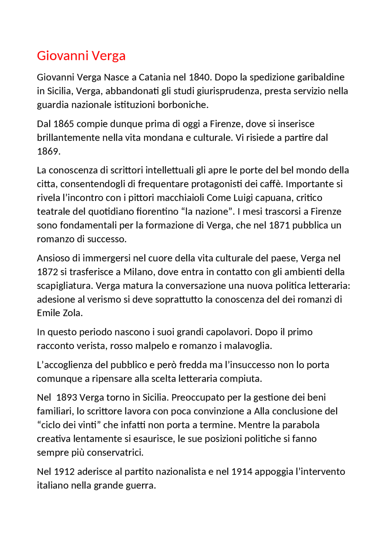 Giovanni Verga E Verismo Docsity