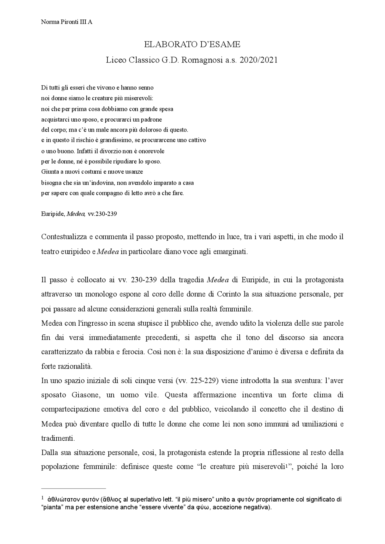 Elaborato d'esame 2020/2021 con tema MEDEA di EURIPIDE - Docsity