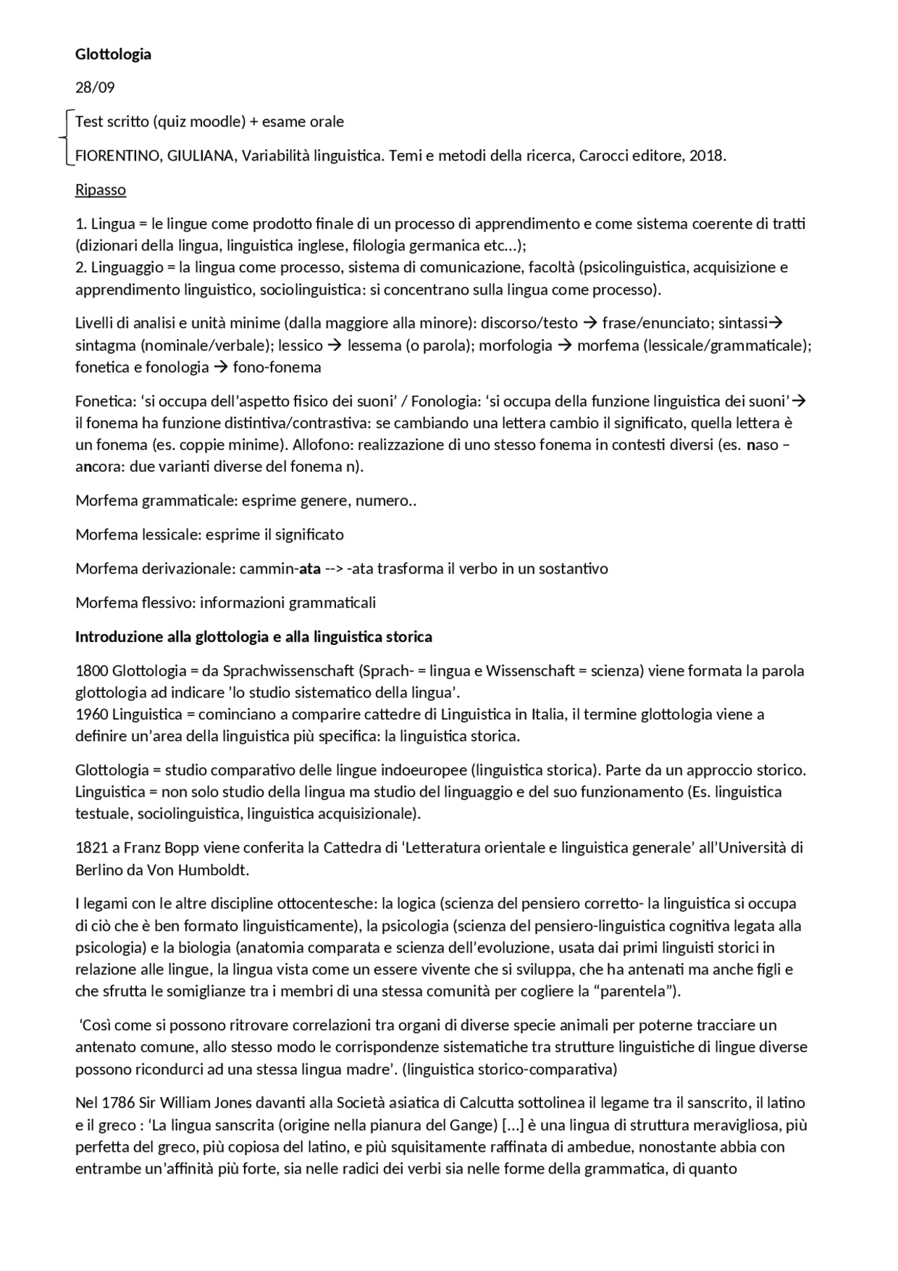 Glottologia Prof Fiorentino Docsity