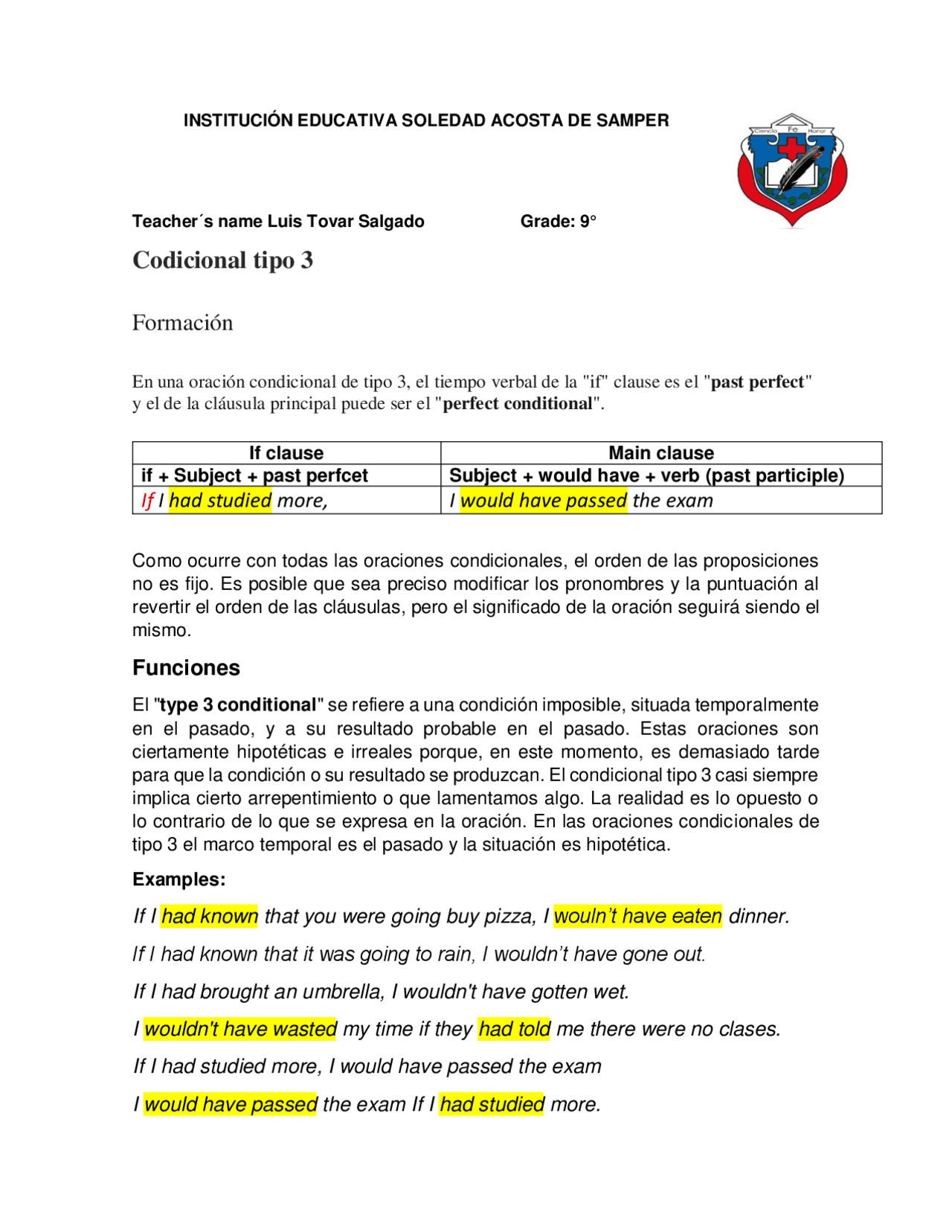 Condicional tipo 3 de ingles tarea 2021 - Docsity