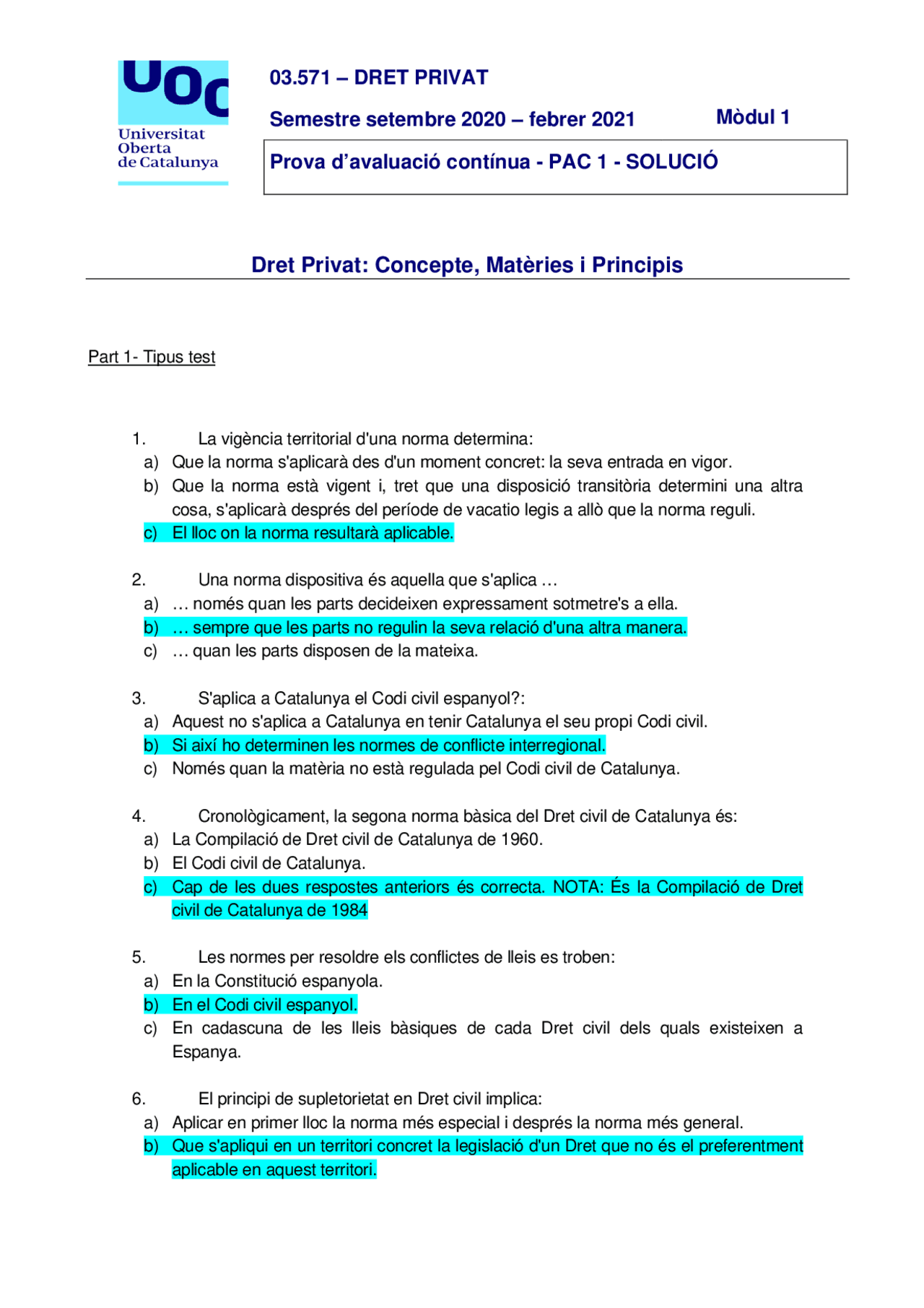 Pac 1 Solucio Dret Privat Uoc Docsity